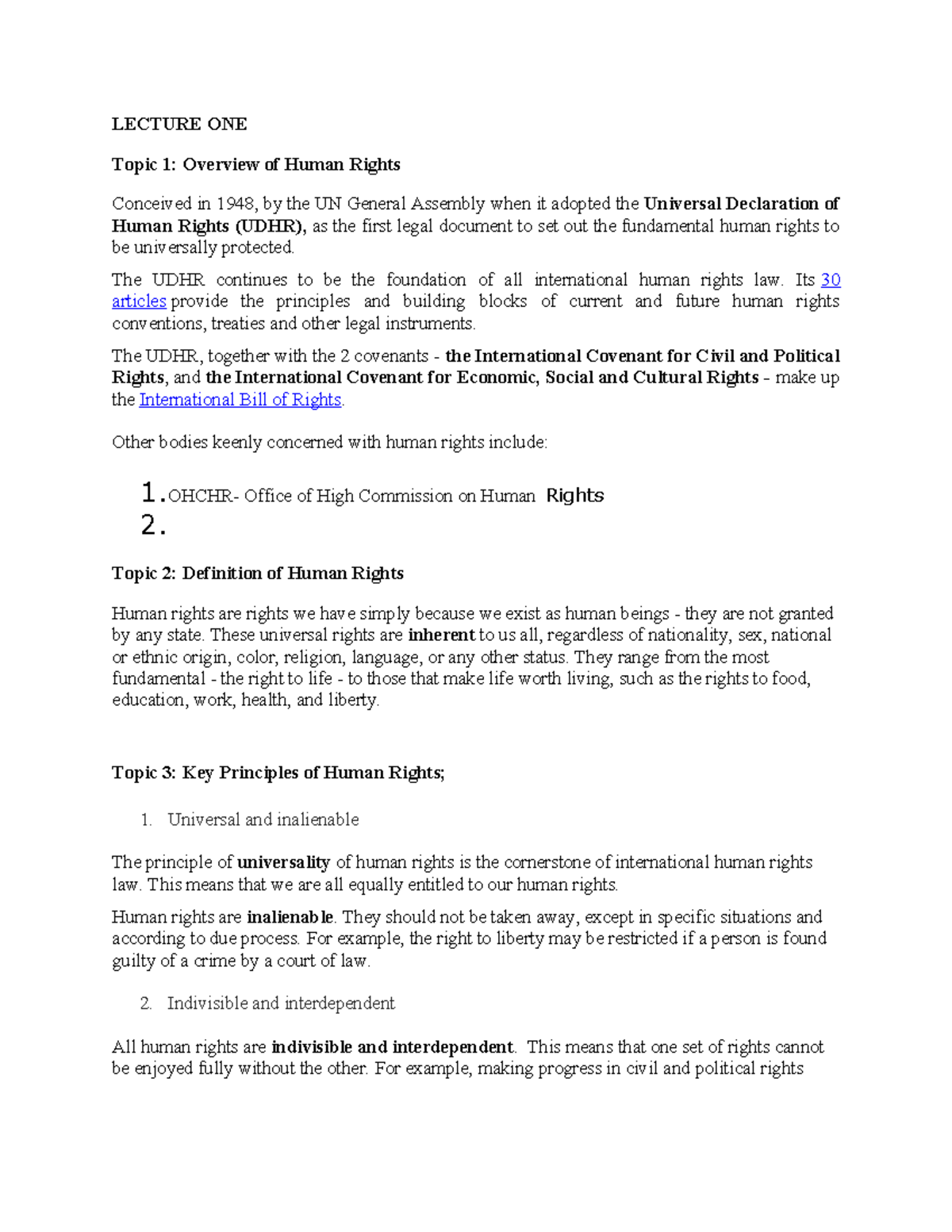 Topic 1 ONE- Human Rights- Overview- Definitions & Principles - LECTURE ...