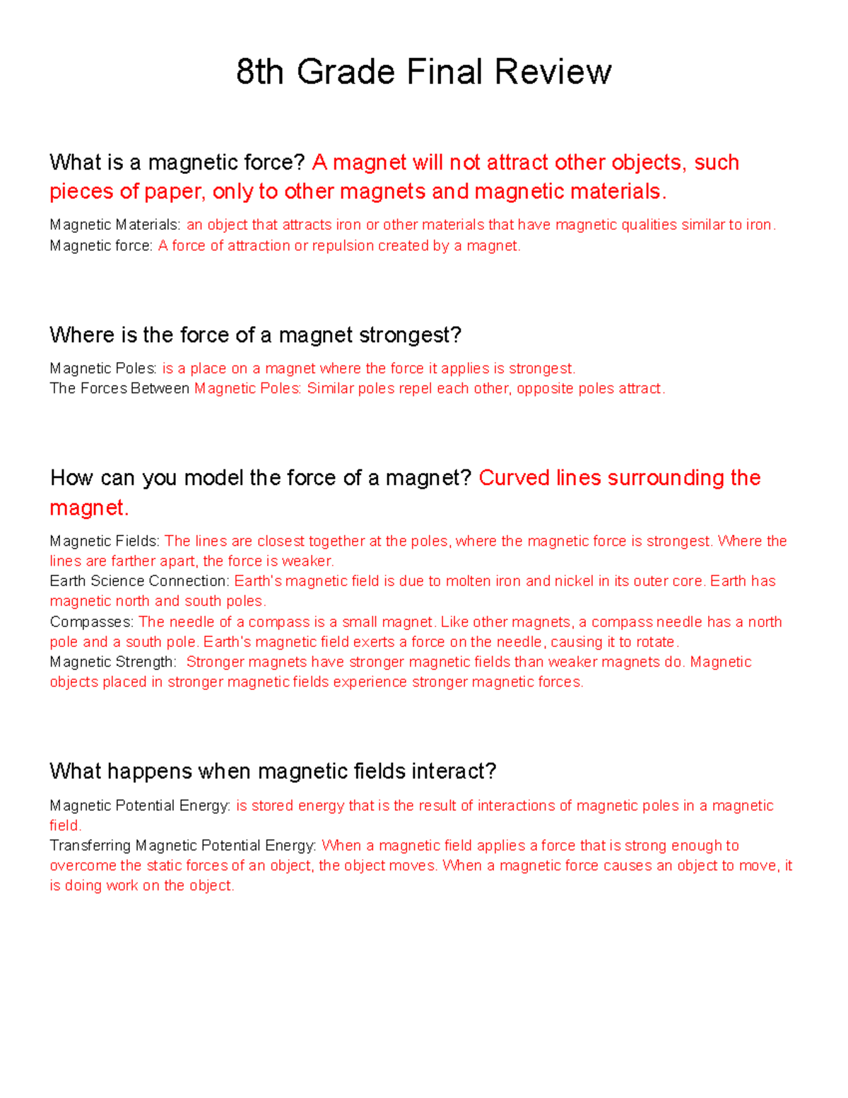 8th Grade Final Review 2023 - 8th Grade Final Review What is a magnetic ...