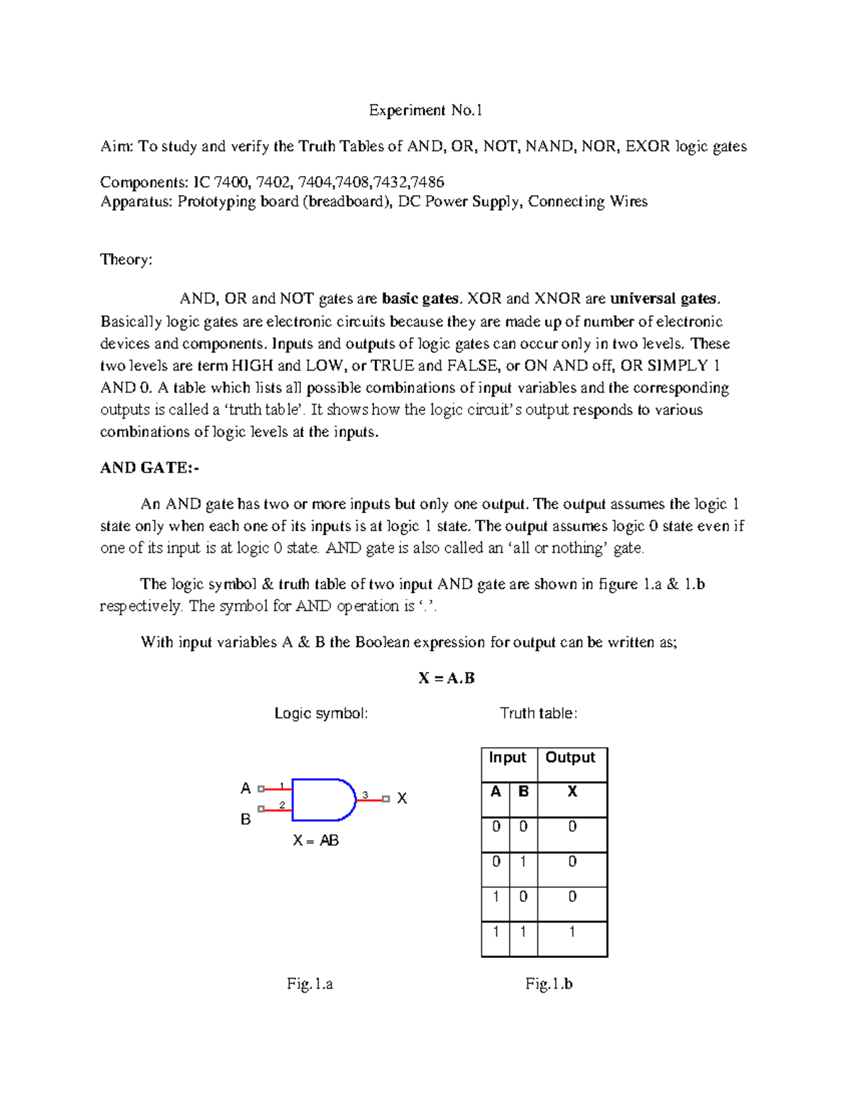 Lab-manual - Experiment No. Aim: To study and verify the Truth Tables of AND, OR, NOT, NAND, NOR ...