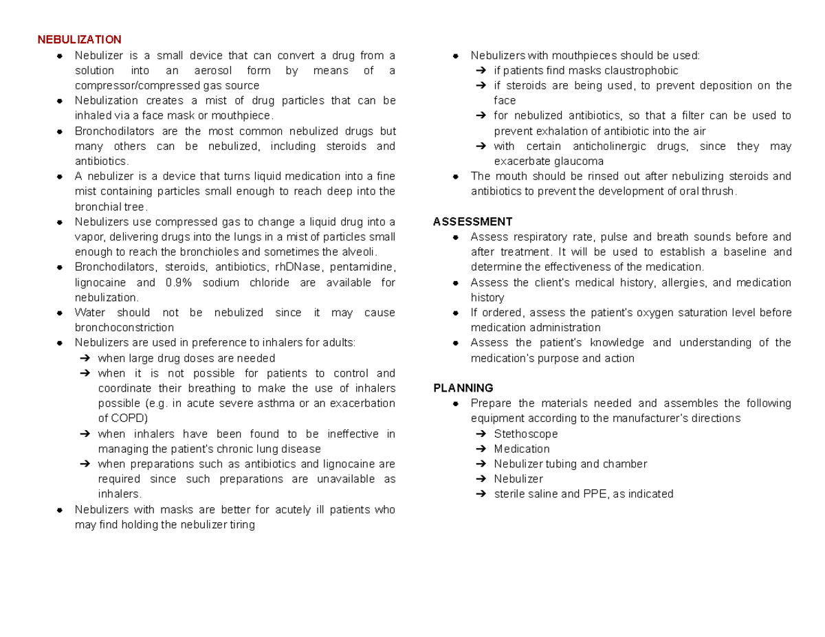 MCN LAB Module 2 - Nursing Notes - NEBULIZATION Nebulizer is a small ...