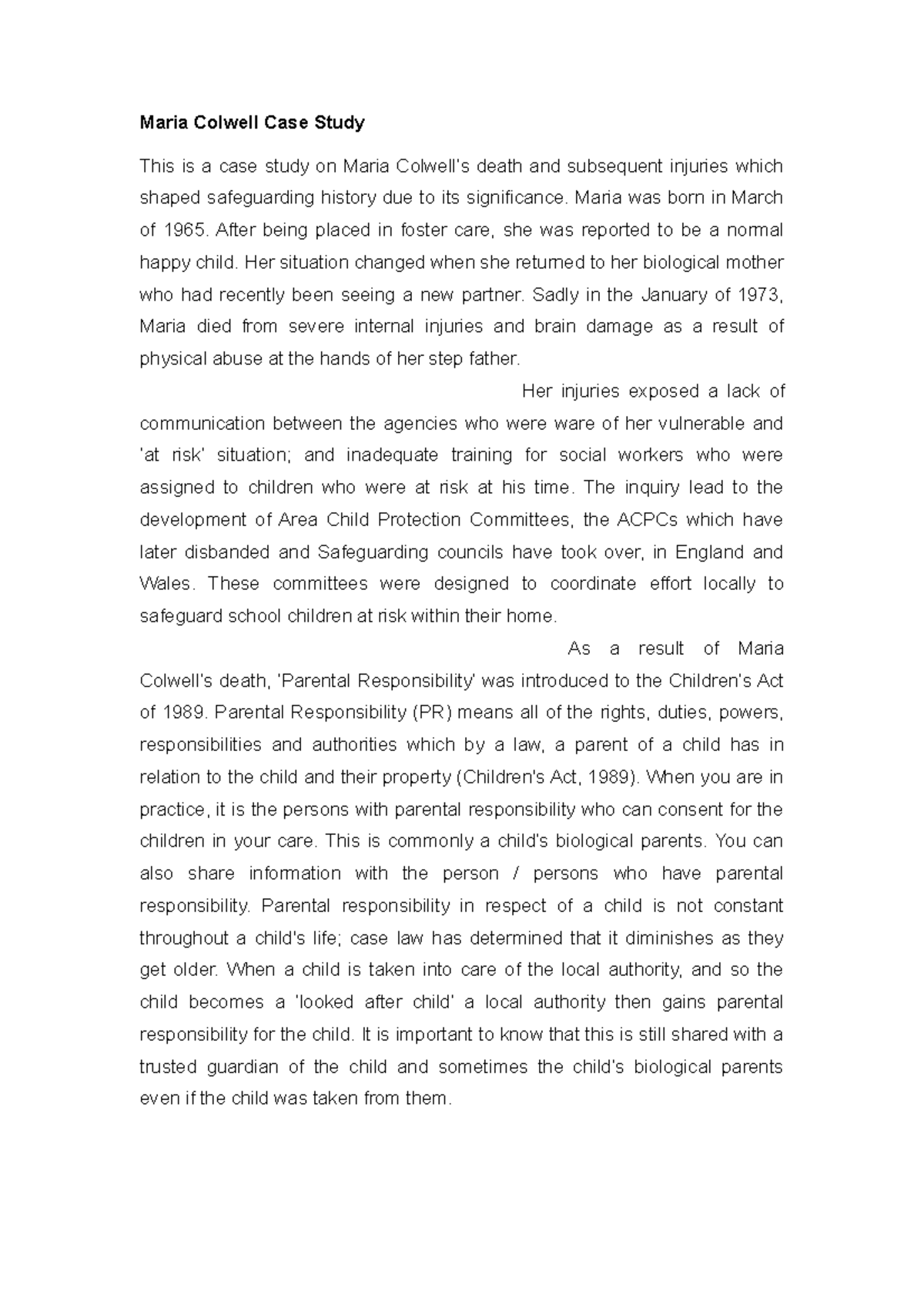 Maria Colwell Case Study - Maria was born in March of 1965. After being ...