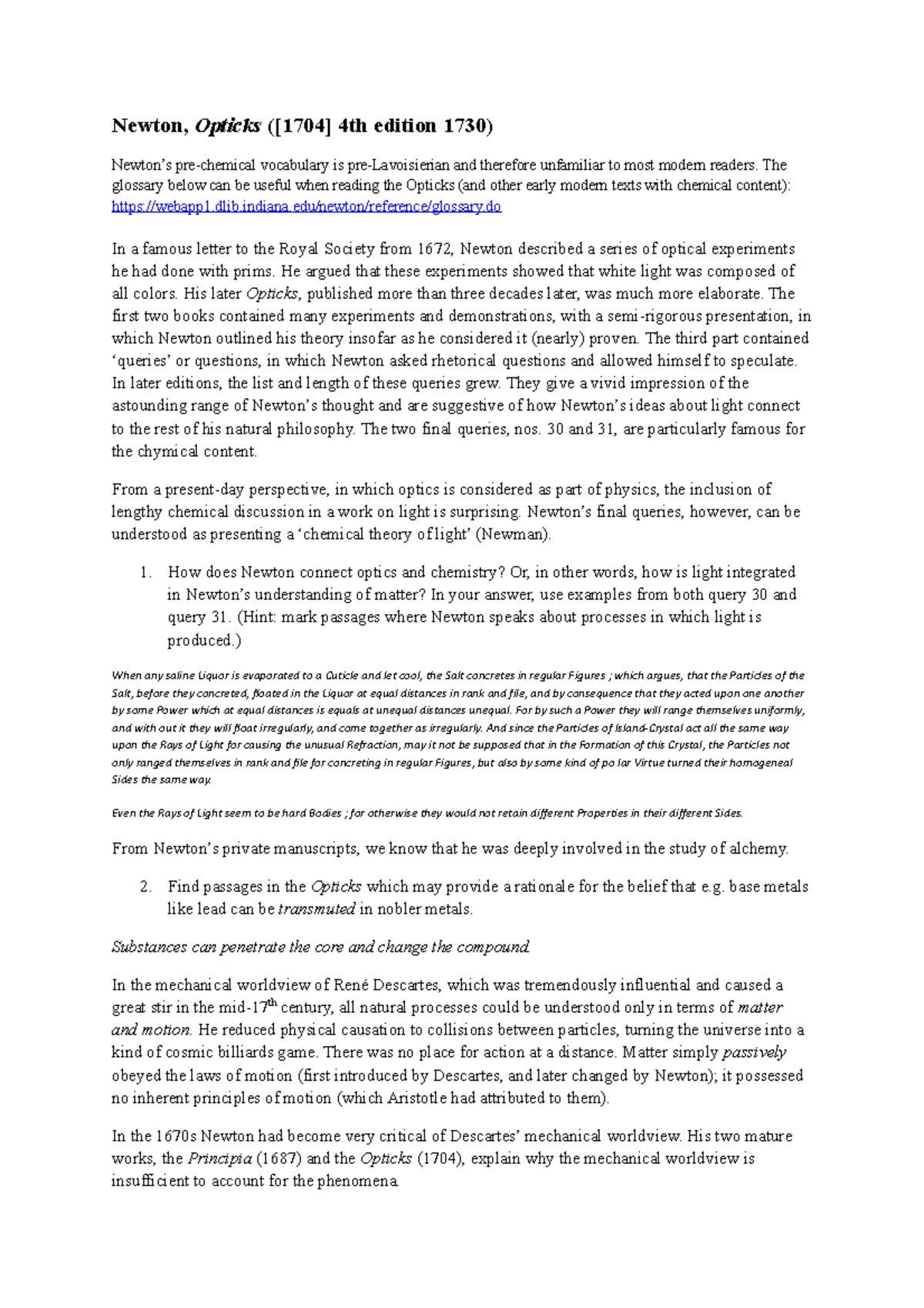 Guiding Qs Newton - Newton, Opticks ([1704] 4th edition 1730) Newton’s ...