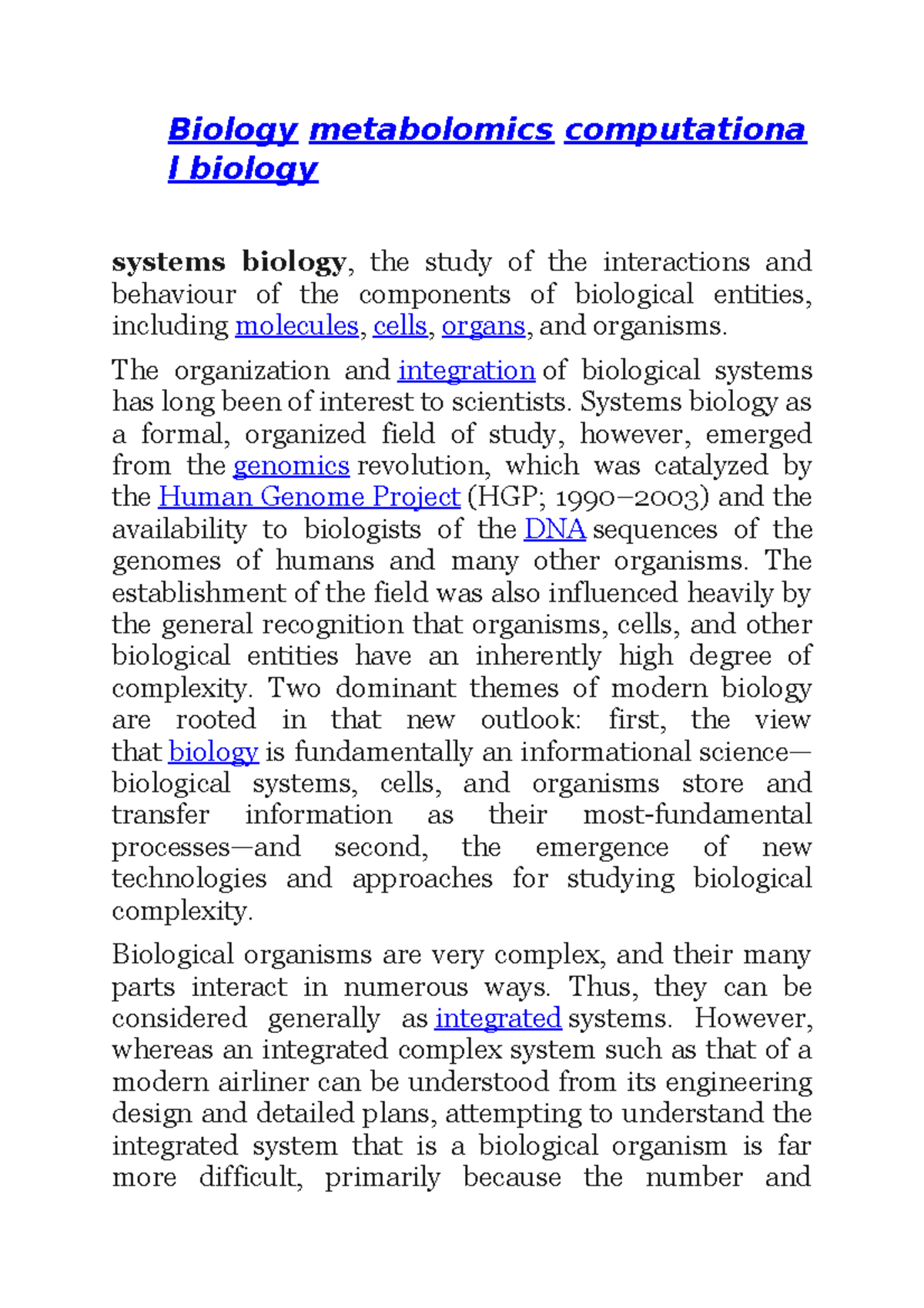 Biology Metabolomics Computational Biology The Organization And Integration Of Biological