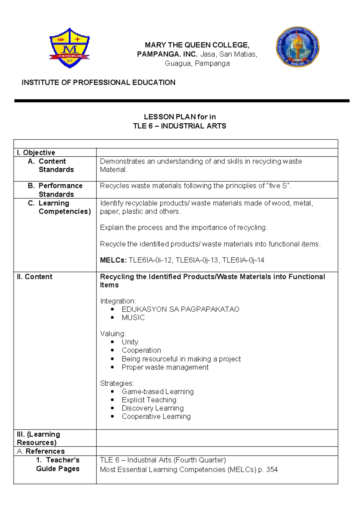 Lesson-PLAN-TLE6 - BEED - MARY THE QUEEN COLLEGE, PAMPANGA. INC. Jasa ...