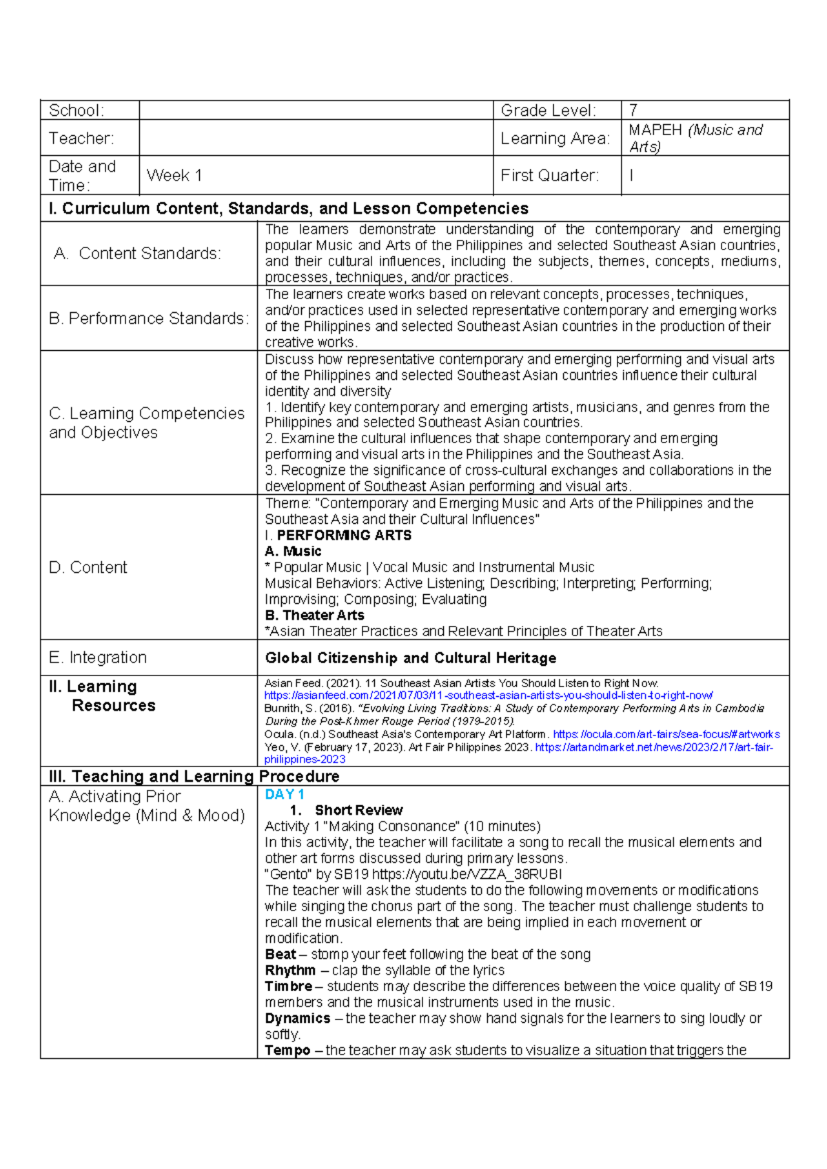Week 1 LP-Music and Arts - School: Grade Level: 7 Teacher: Learning ...