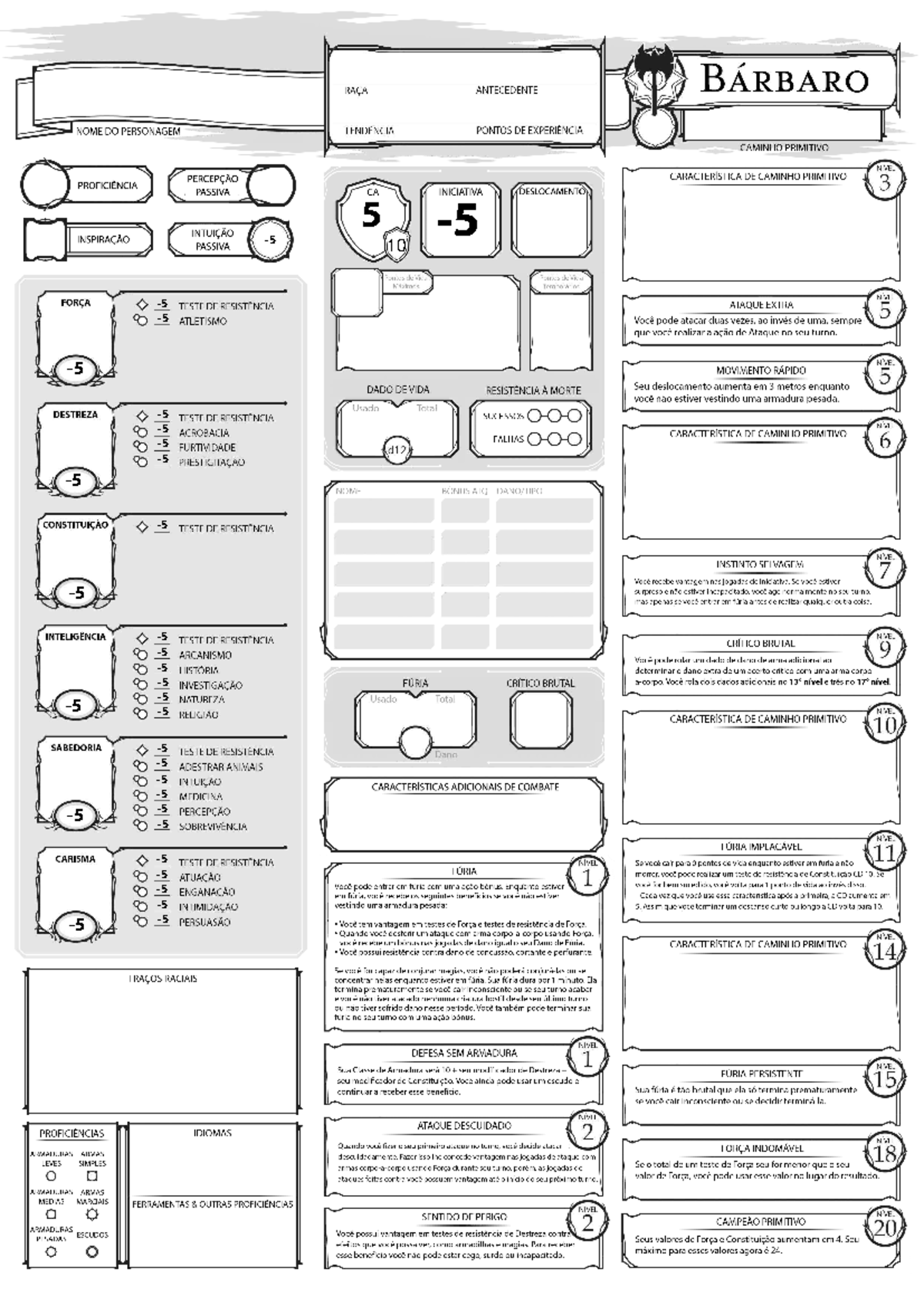 Dn D 5e - Ficha - Bárbaro - Editável - BÁRBARO RAÇA ANTECEDENTE NOME DO ...