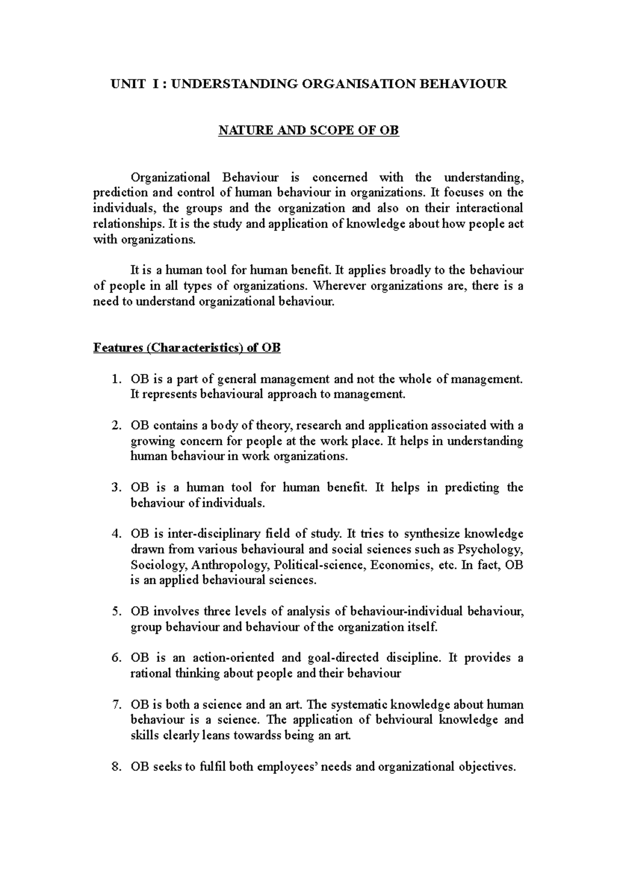 Management Notes - UNIT I : UNDERSTANDING ORGANISATION BEHAVIOUR NATURE ...