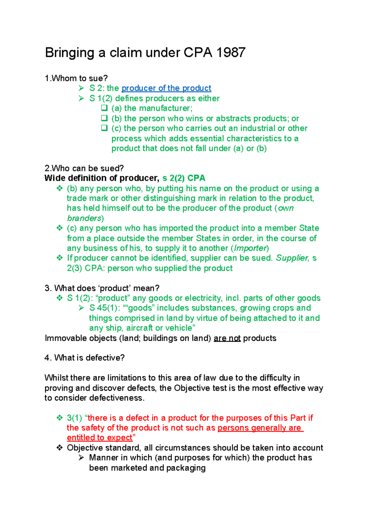 CPA Essay plan - Bringing a claim under CPA 1987 1 to sue? Ø S 2: the ...