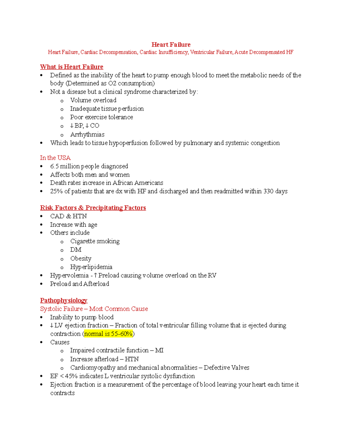 Week 14 Notes - Heart Failure Heart Failure, Cardiac Decompensation ...