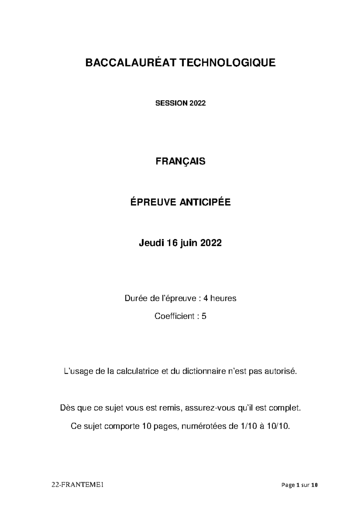 Sujet bac 2022 francais - BACCALAURÉAT TECHNOLOGIQUE SESSION 2022 ...