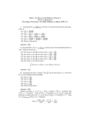 Math 155 Final Exam Solutions - Math 155 Section 02 Final Exam Prof. I ...