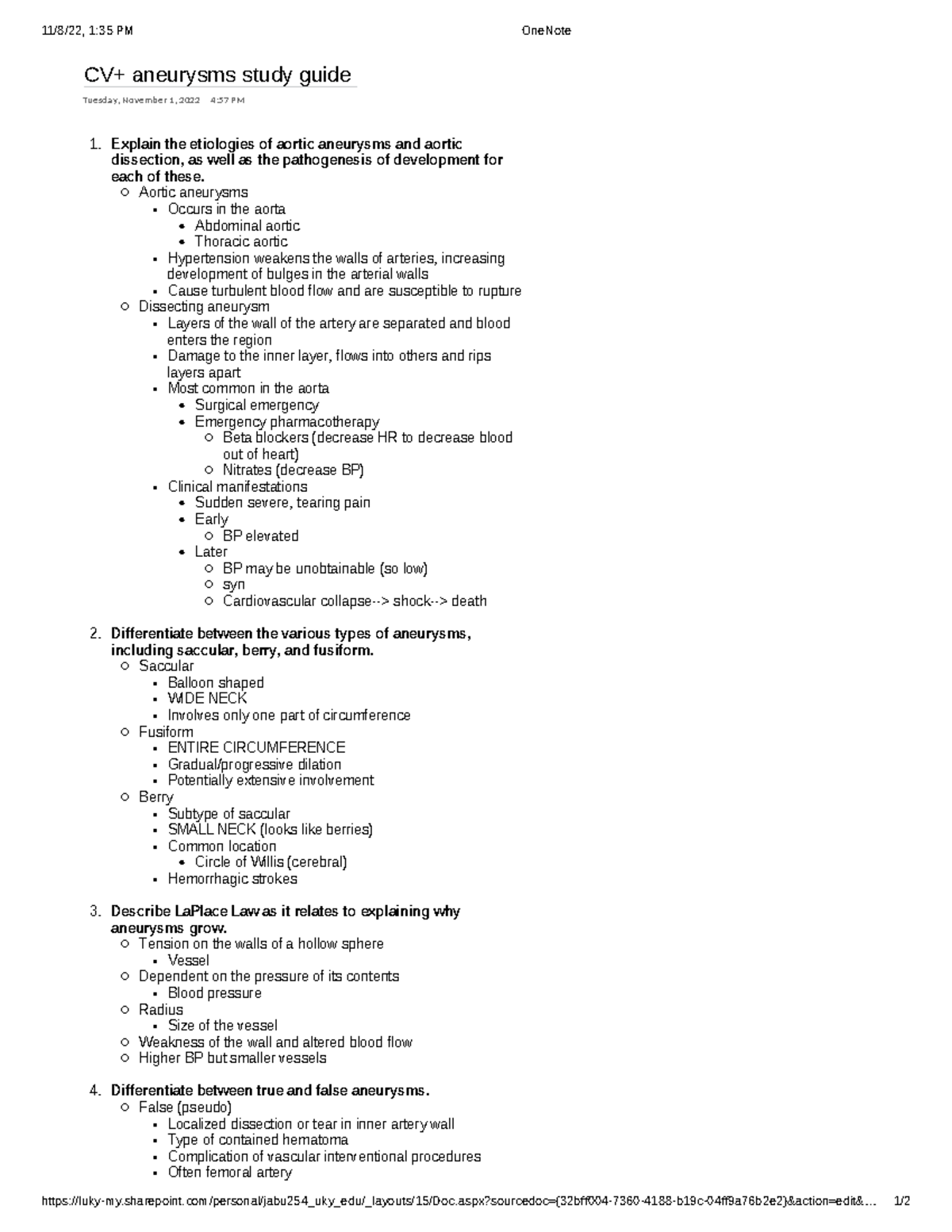 Aneurysm study guide - 11/8/22, 1:35 PM OneNote - Studocu