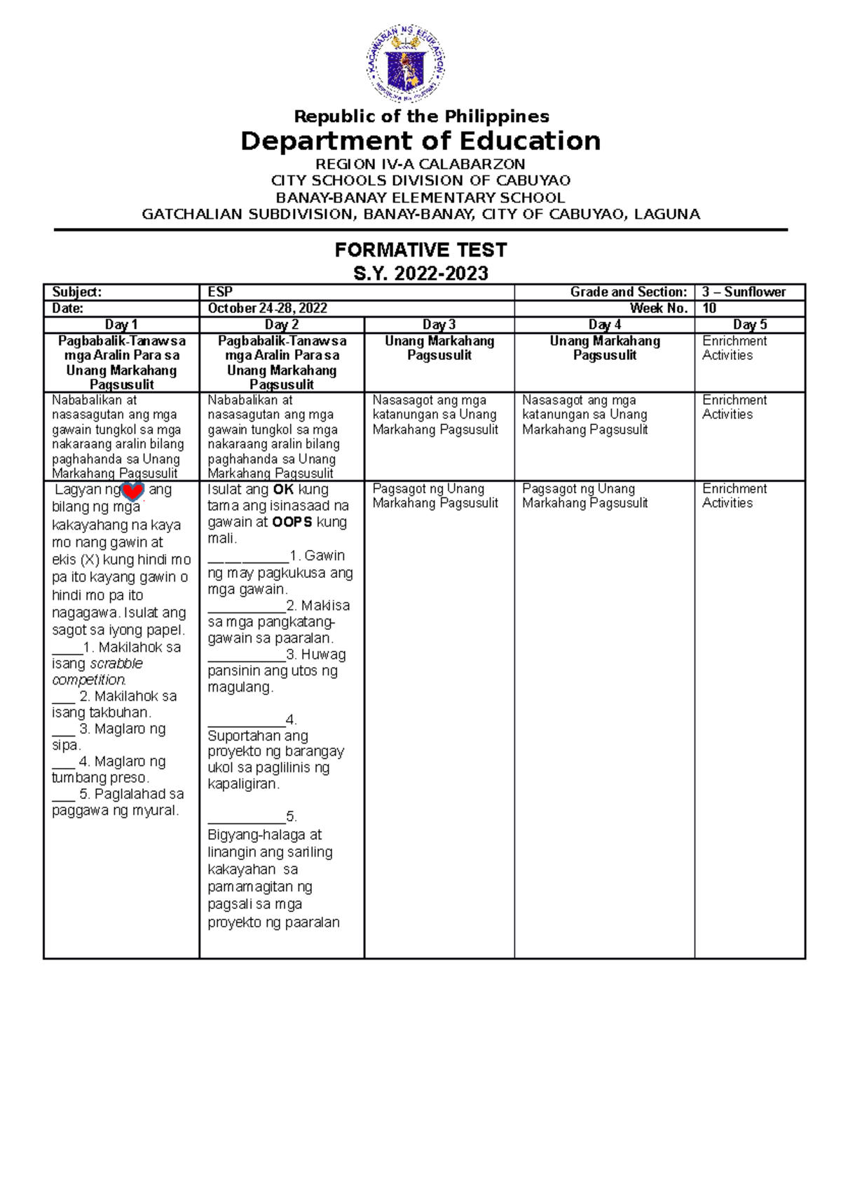 Formative Test G3Q1WK10 - Department of Education REGION IV-A ...