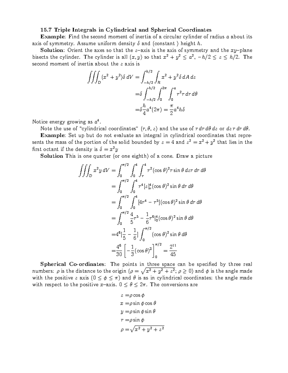 T15 7spher - notes - 15 Triple Integrals in Cylindrical and Spherical ...
