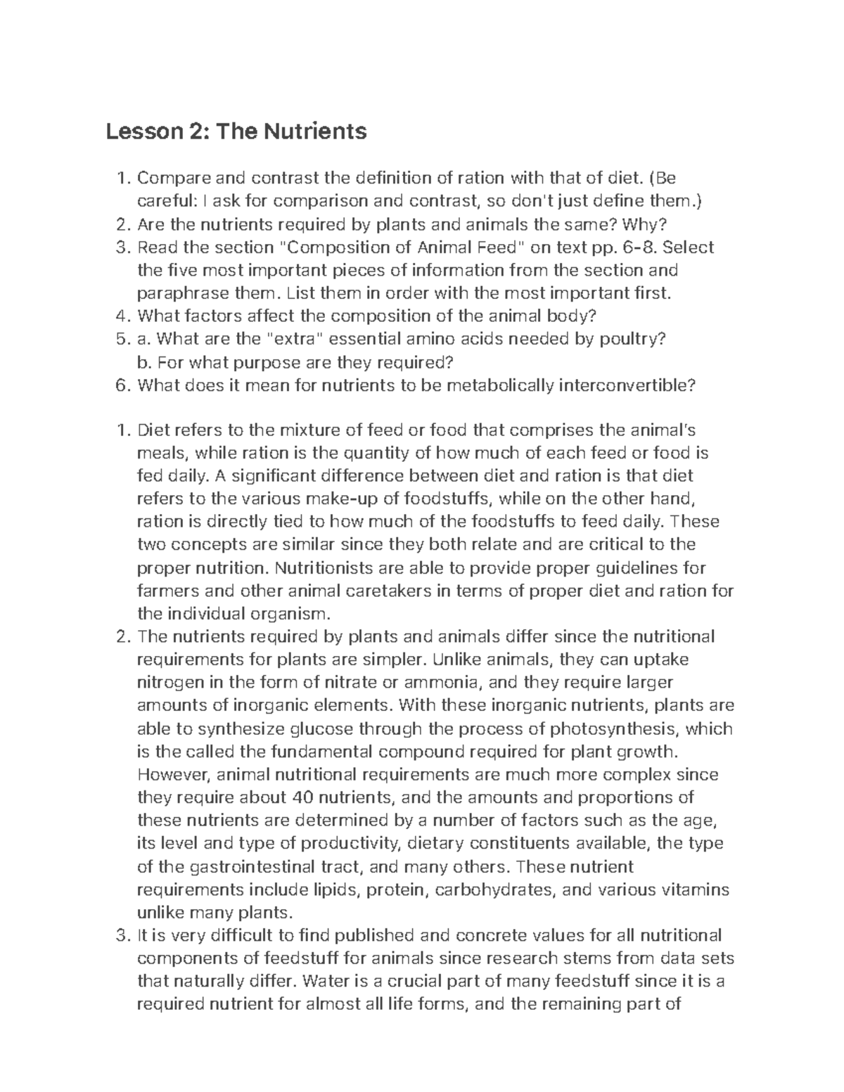 Lesson 2- The Nutrients - 1. 2. 3. 4. 5. 6. 1. 2. 3. Lesson 2: The Nutrients Compare and ...