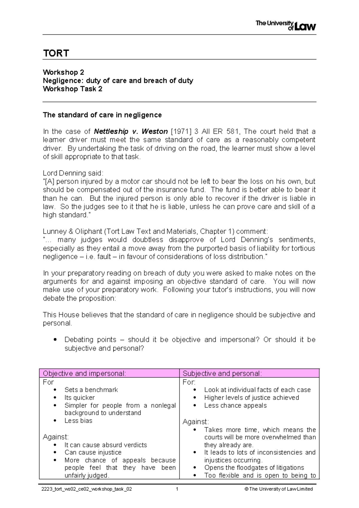 Engage - Task 2 - TORT Workshop 2 Negligence: duty of care and breach of duty Workshop Task 2 ...