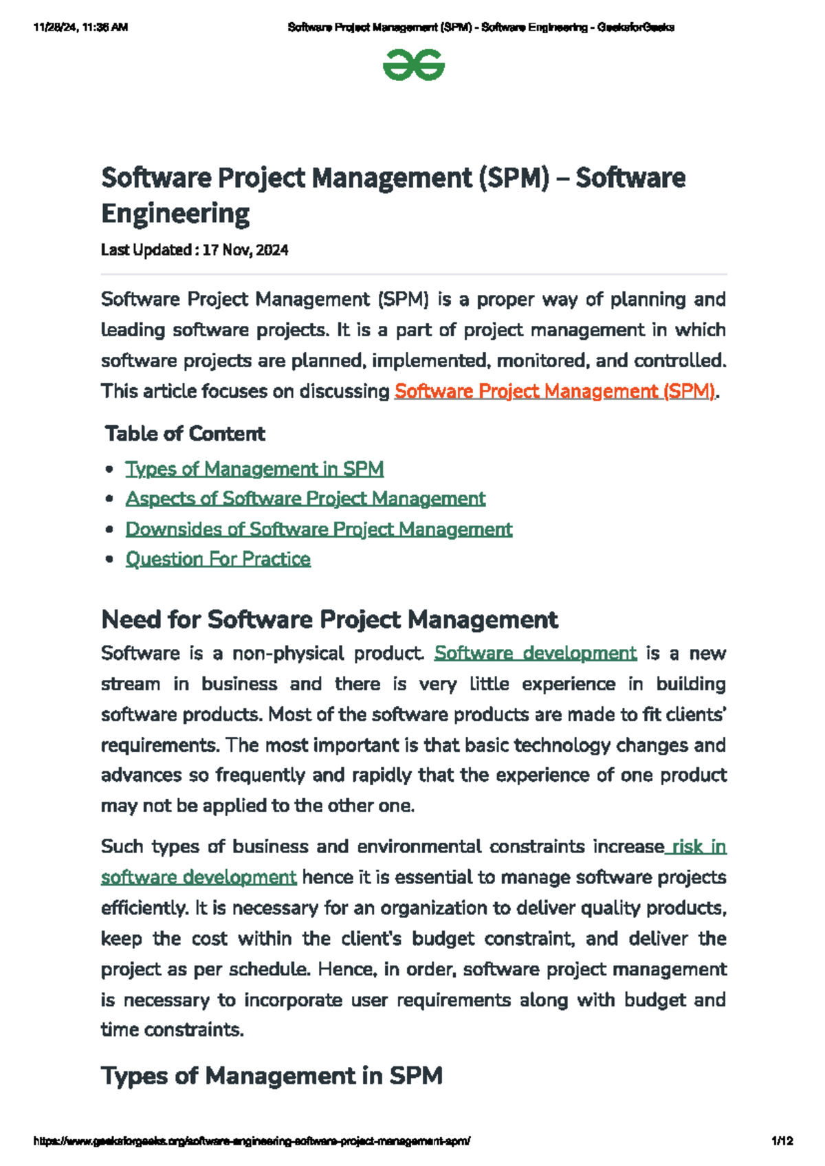 SPM - ssssssssssssssssssssss - 11:36 AM Software Project Management (SPM) Software Engineering ...