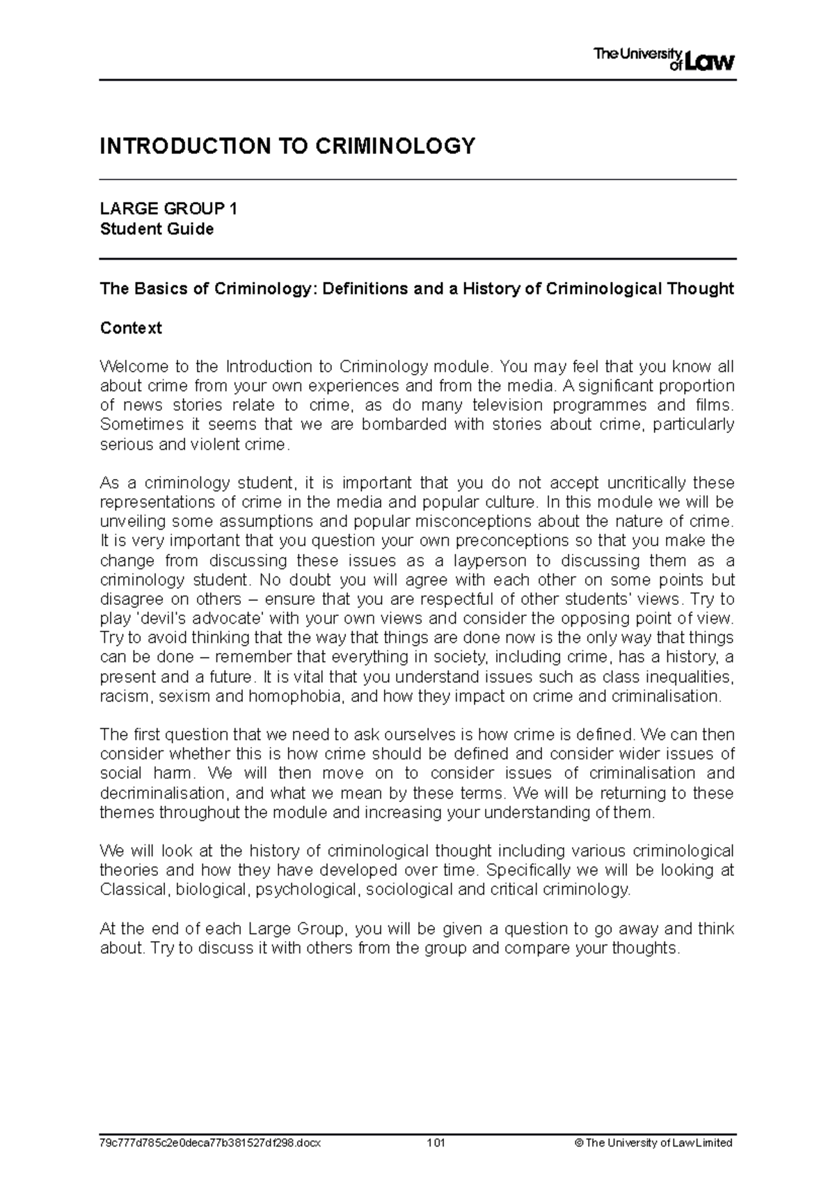 Criminology large group 1 notes - INTRODUCTION TO CRIMINOLOGY LARGE ...