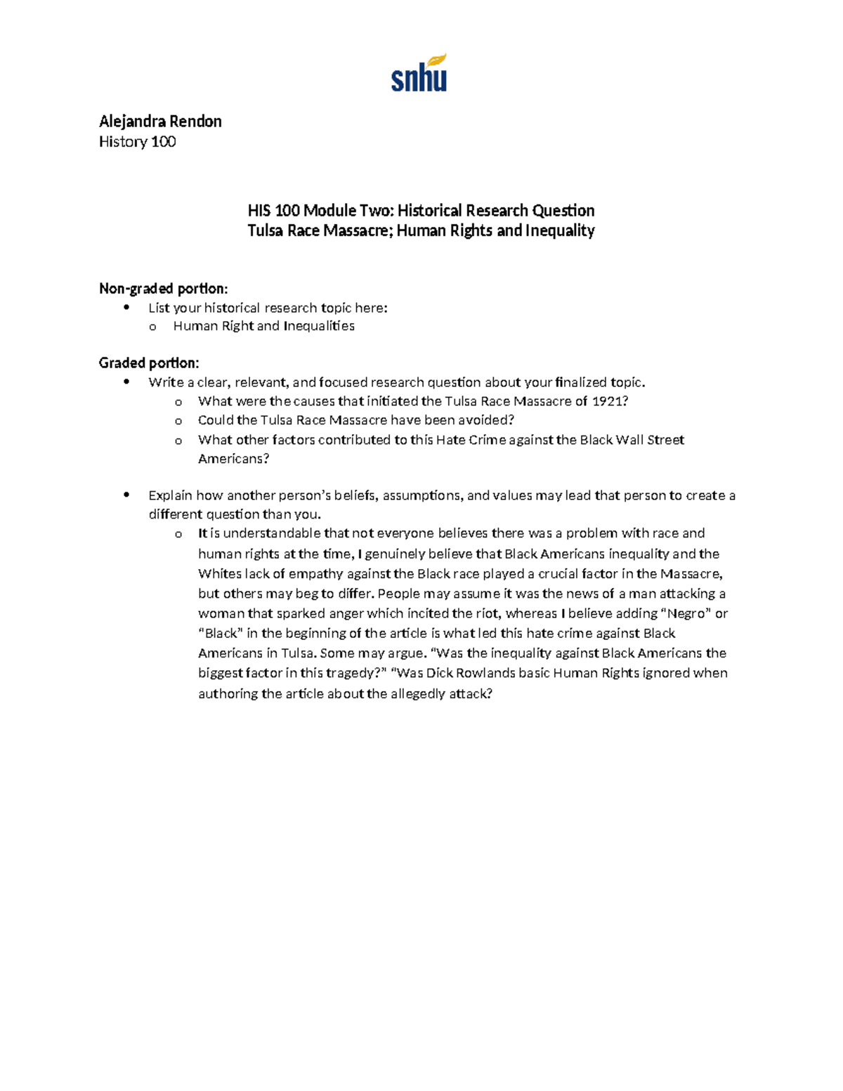 HIS 100 Module 2-1;Research Questions - Alejandra Rendon History 100 ...