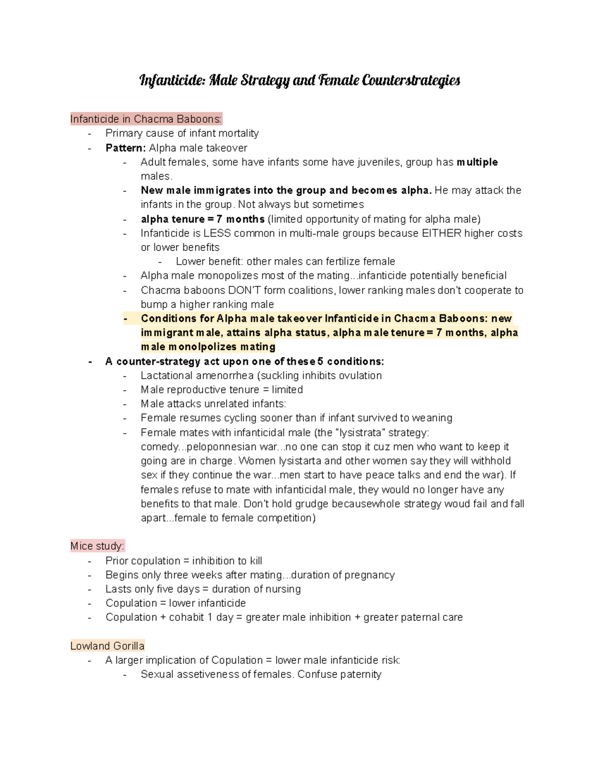 Infanticide Male Strategy and Female Counterstrategies - Infanticid: Mal Strateg an Femal - Studocu