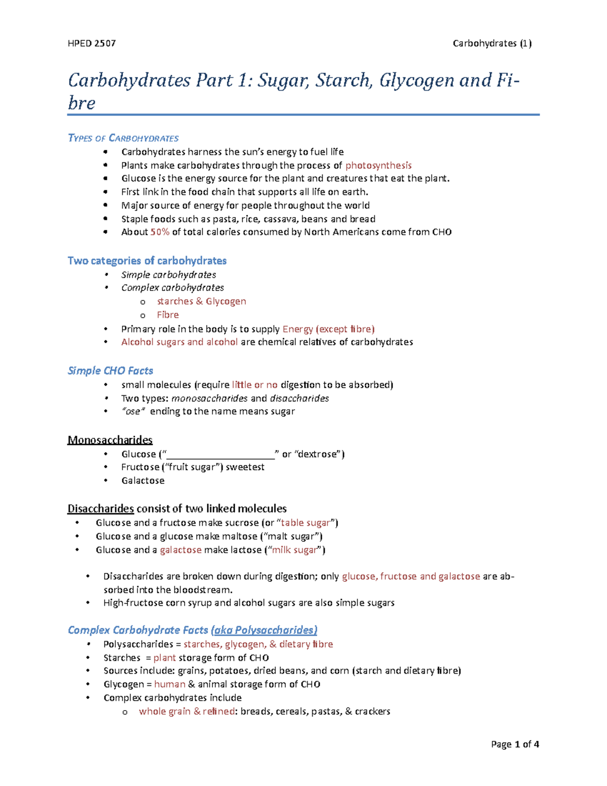 Carbohydrates Part 1 - notes - HPED 2507 Carbohydrates (1 ...