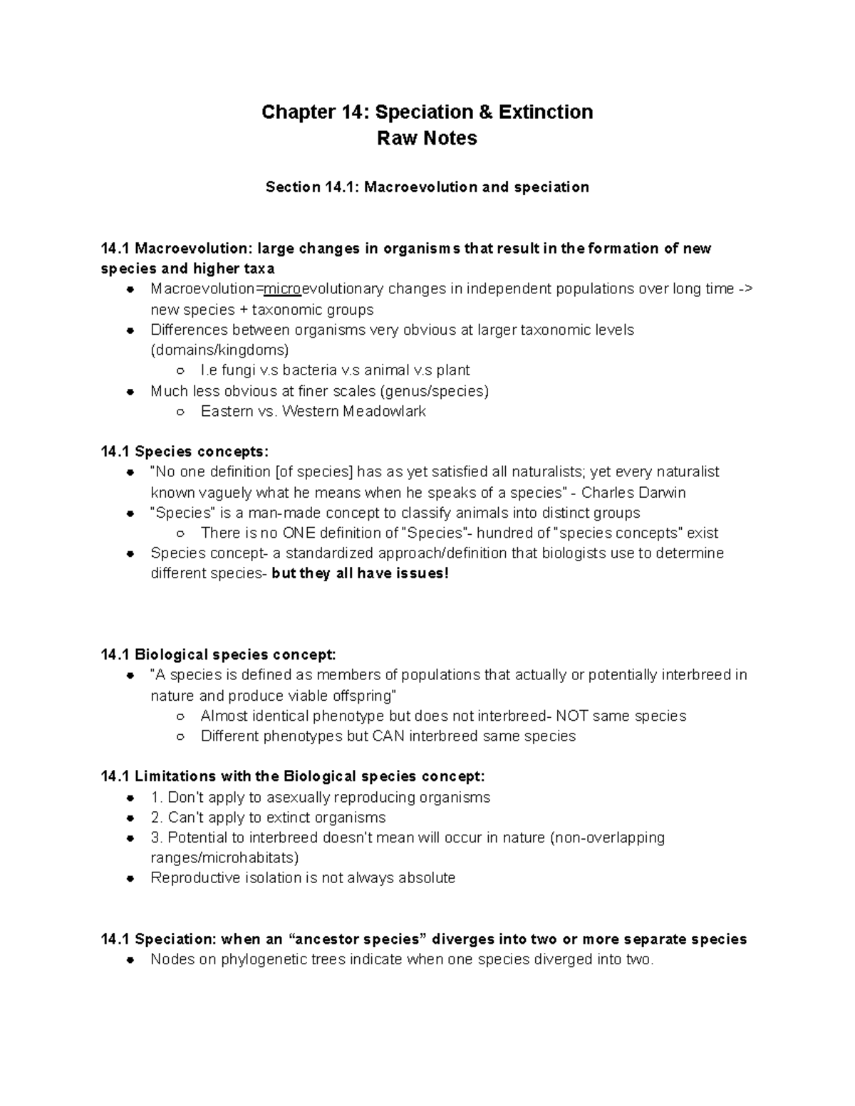 Chapter 14 Raw Biology Notes - Chapter 14: Speciation & Extinction Raw ...