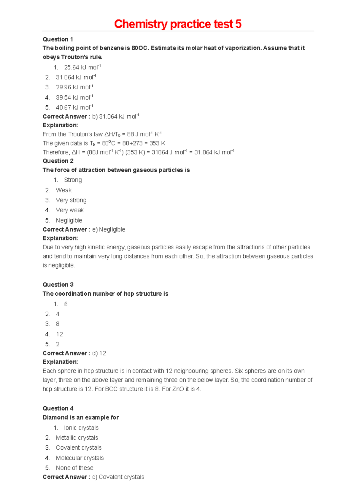 Chemistry practice Test 05 - Chemistry practice test 5 Question 1 The ...