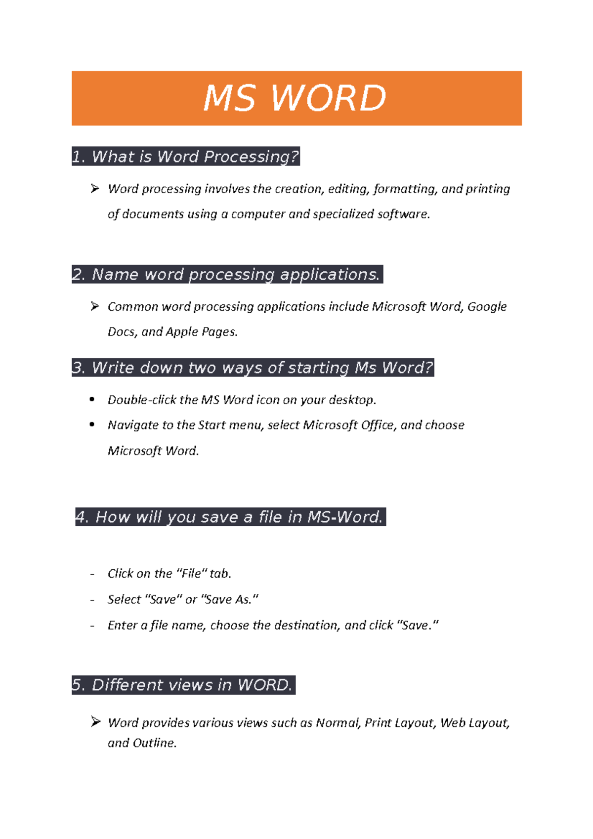 ms word practical notes - MS WORD 1. What is Word Processing? Word ...