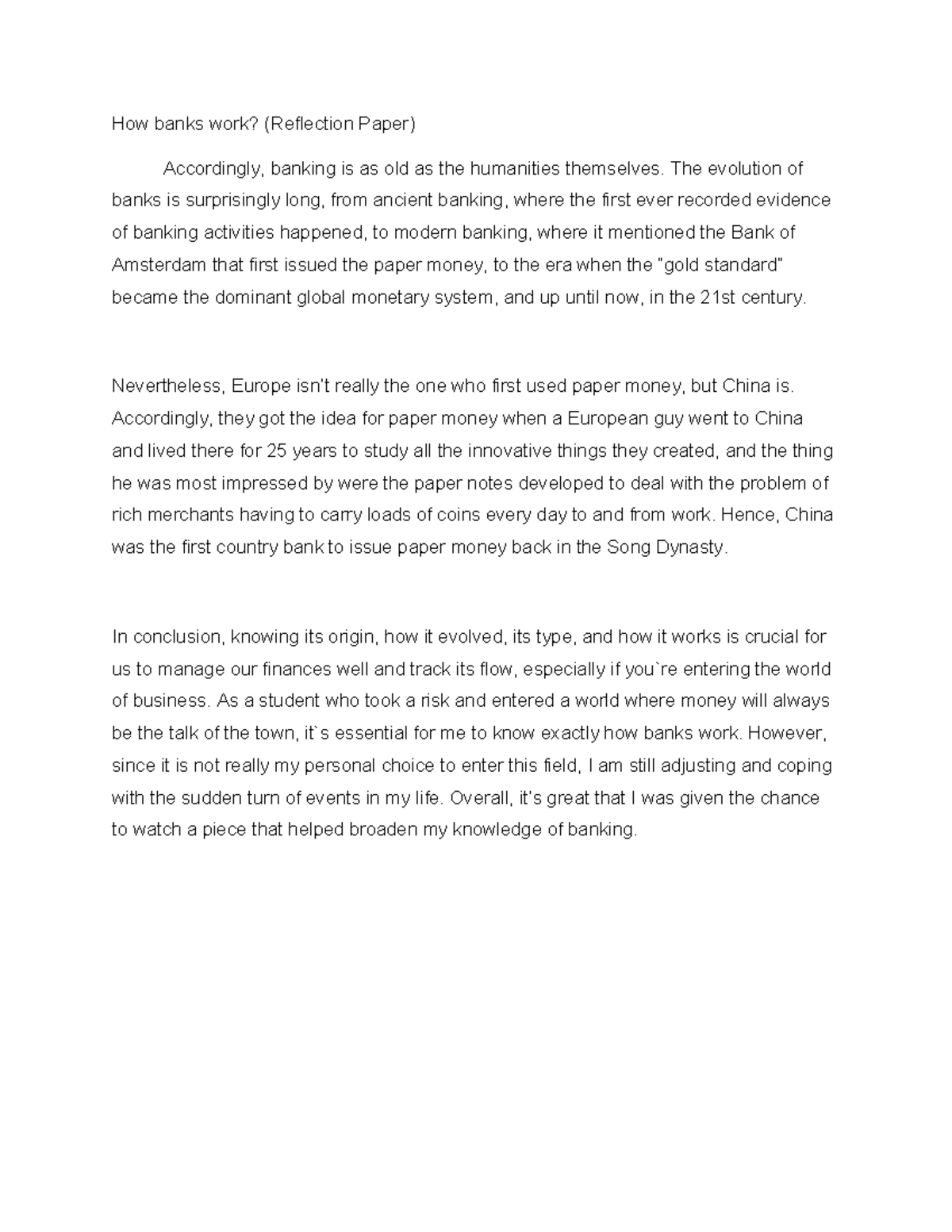 Reflection paper (How Banks Work?) - How banks work? (Reflection Paper ...
