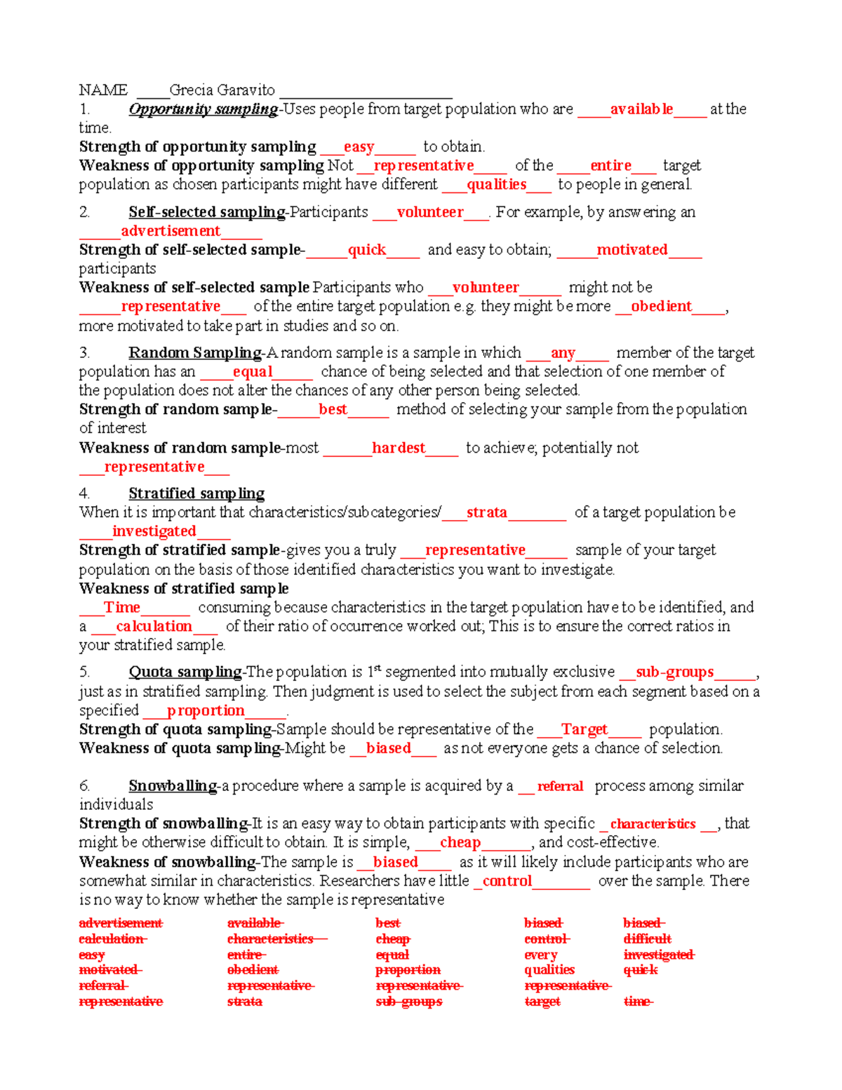 PSY 200 Research Methods Sampling Technique Activity for Students ...