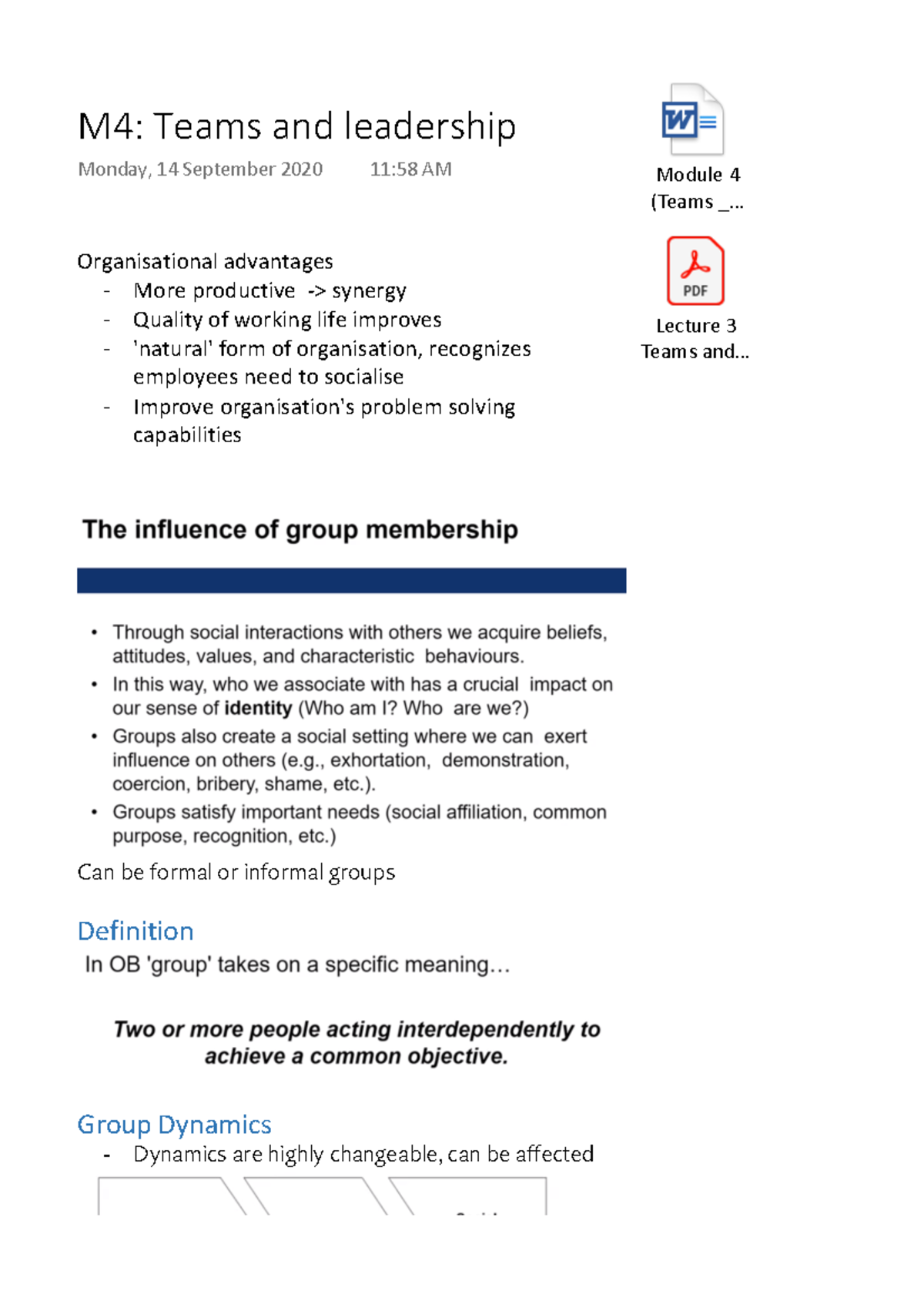 Lecture 4 -Teams & Leadership - Module 4 (Teams _... Organisational ...