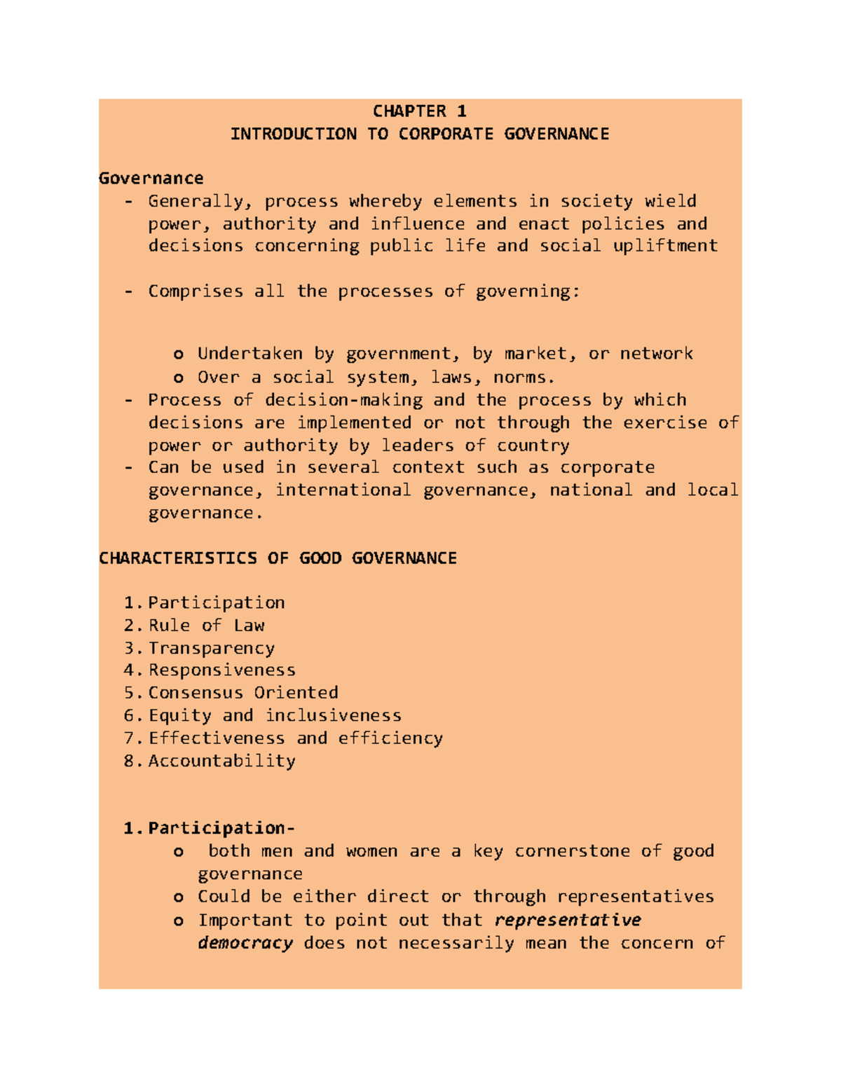Notes IN Corporate Governance - CHAPTER 1 INTRODUCTION TO CORPORATE ...