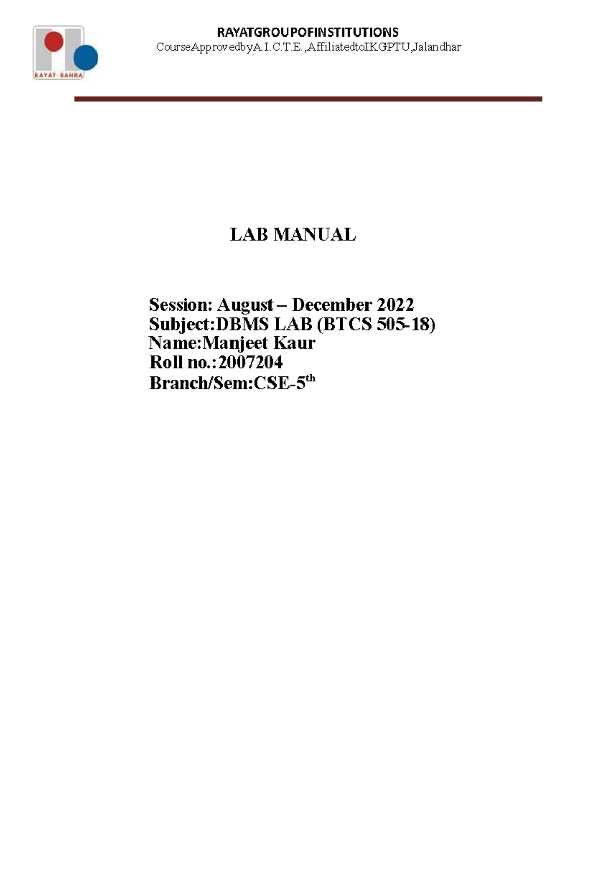 Lab Manual for Database Management system - CourseApprovedbyA.I.C.T ...