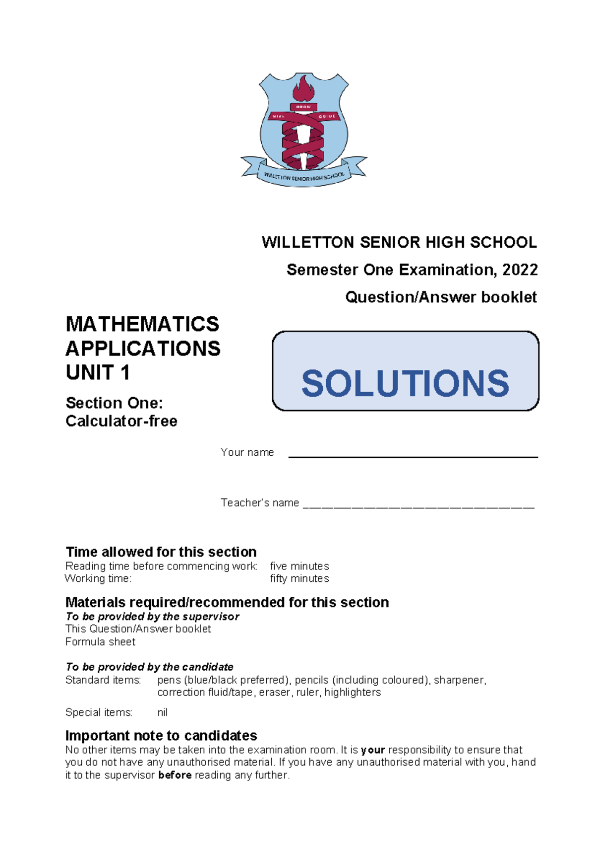 WSHS 2022 YR11 APPS U1 S1 Solns - WILLETTON SENIOR HIGH SCHOOL Semester ...