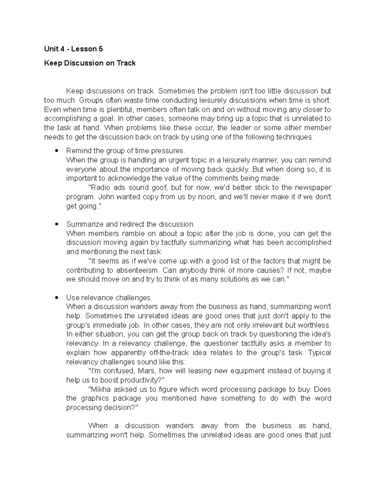 Keep Discussion on Track - Unit 4 - Lesson 5 Keep Discussion on Track ...