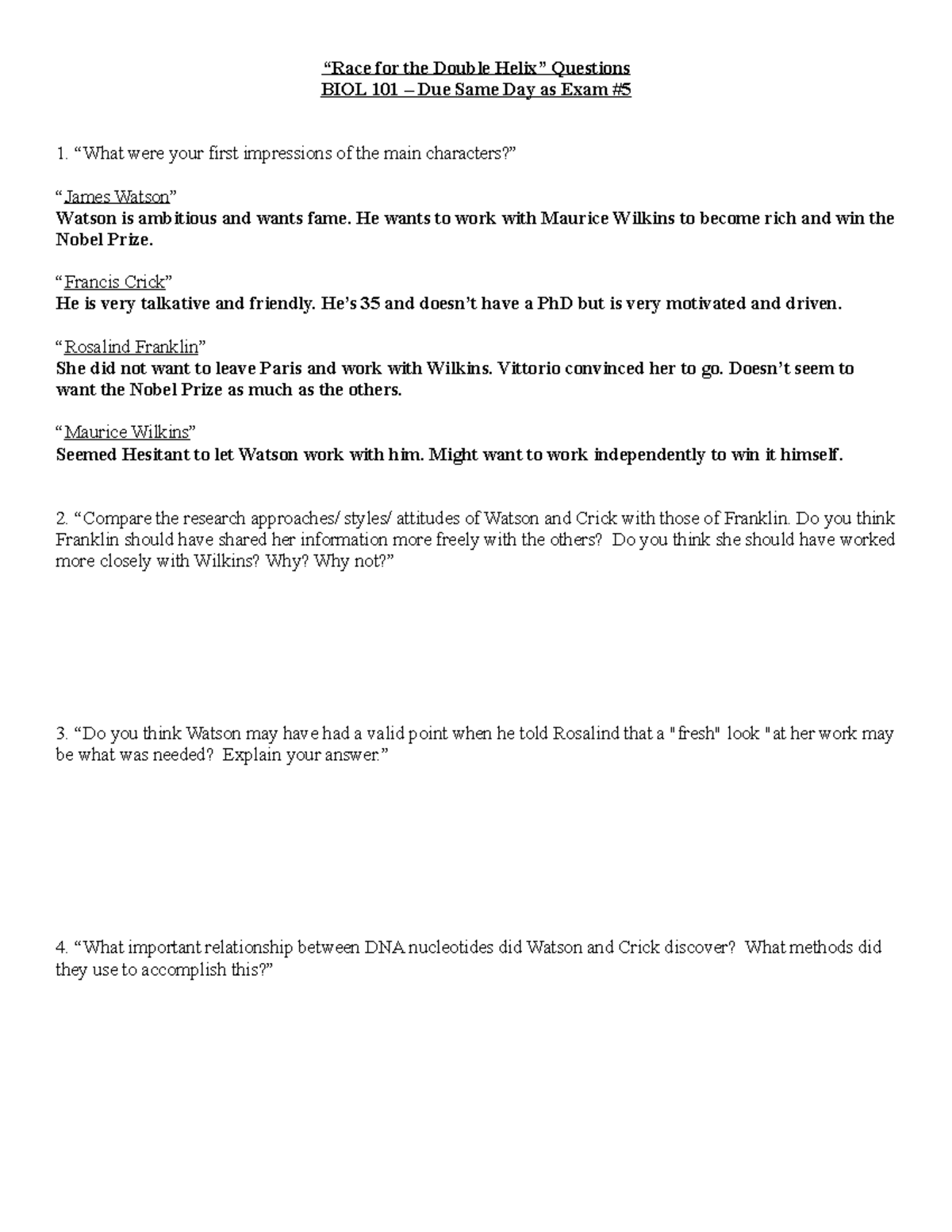 Race for the Double Helix Questions - “Race for the Double Helix ...