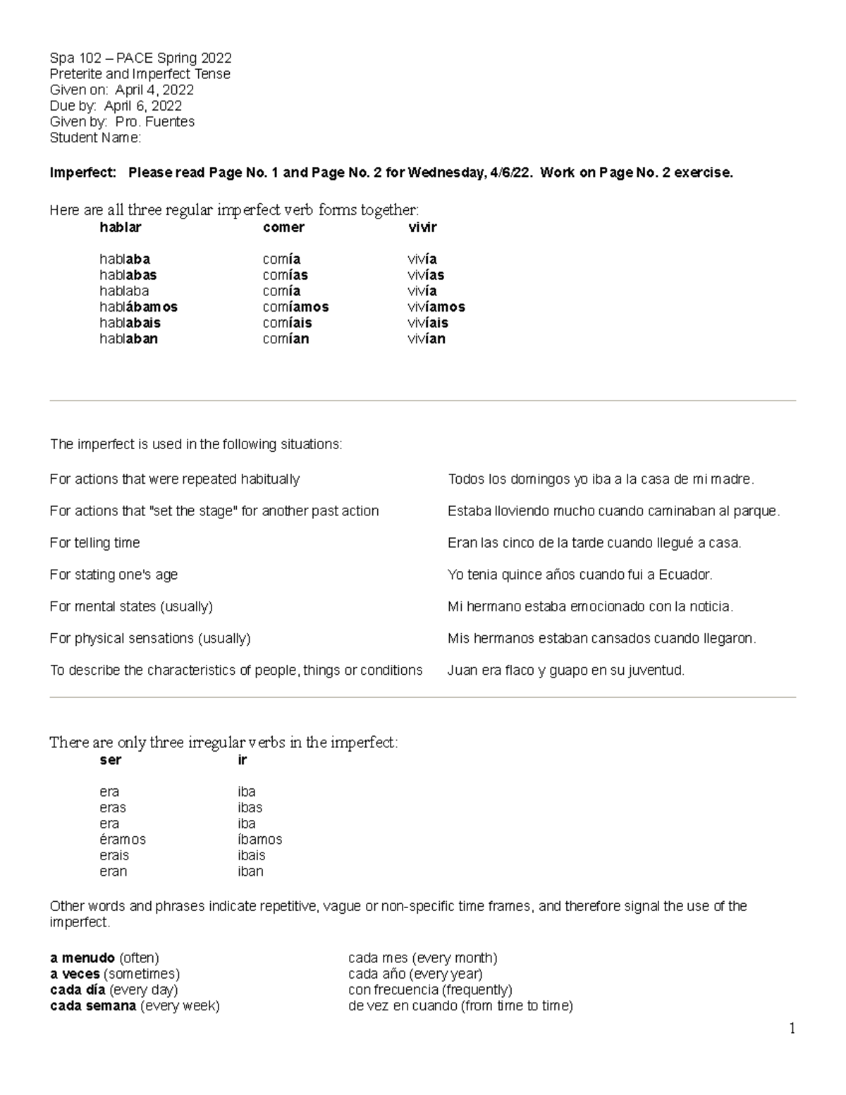 Pre vs Imp - Preterite vs Imperfect - Spa 102 – PACE Spring ...