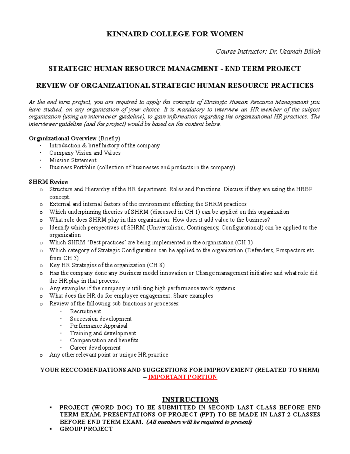 SHRM END TERM Project - HRM assignment notes how to achieve score ...