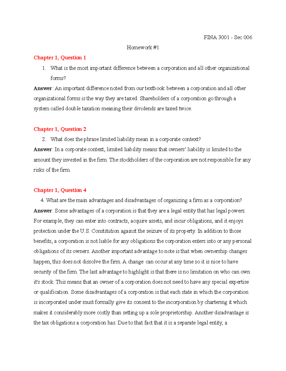 Homework 1 FINA 3001 - FINA 3001 - Sec 006 Homework # Chapter 1 ...