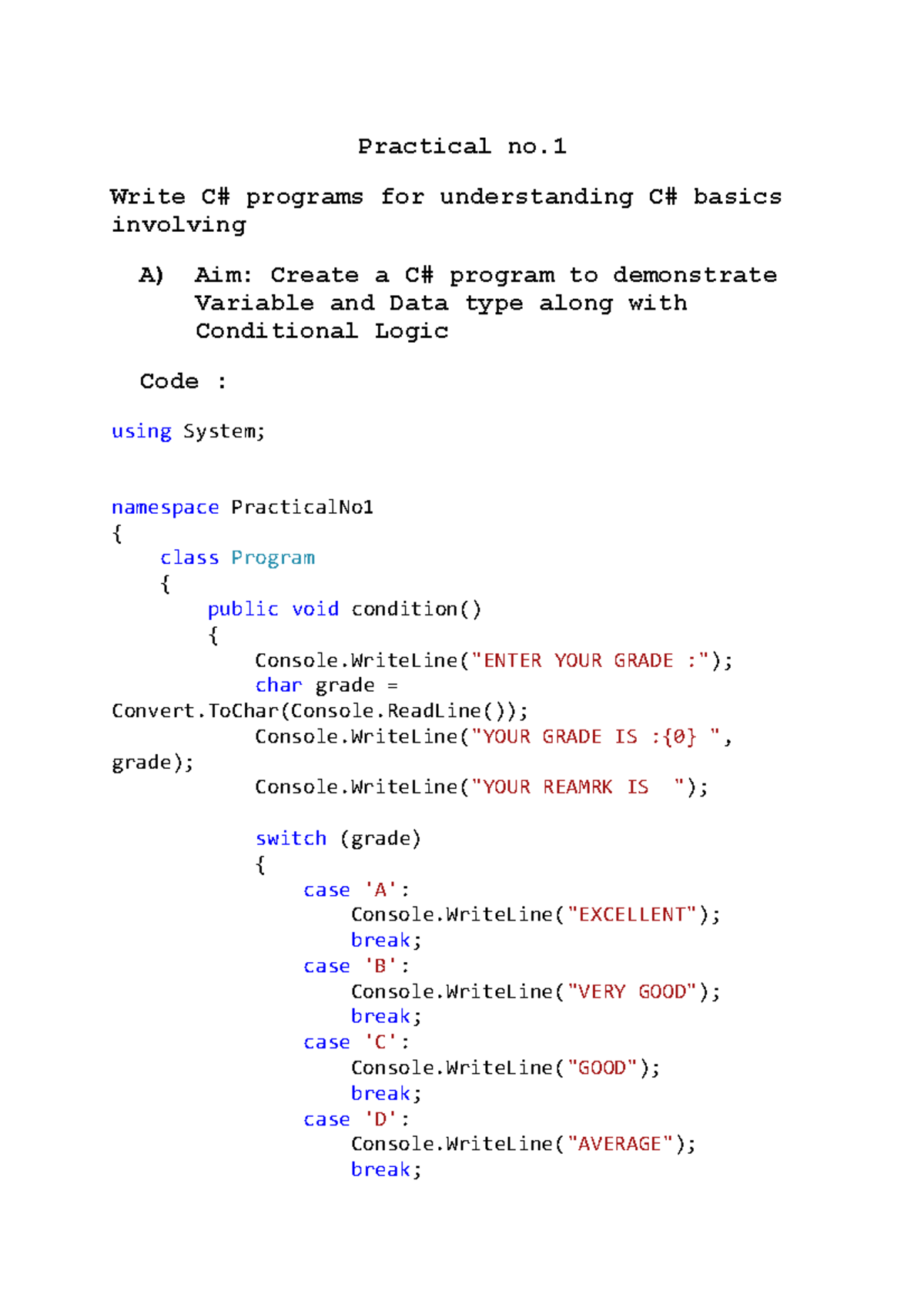 Practical No 01 to 03(016) - Practical no. Write C# programs for ...
