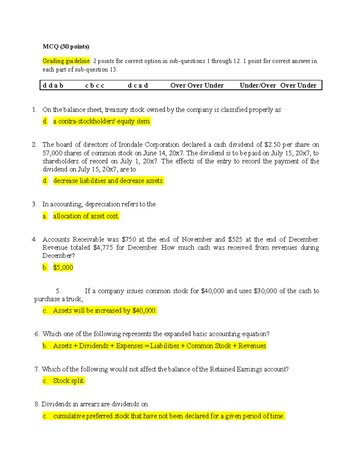 Mid Term Grading Guidelines for TTAs used in evaluation - MCQ (30 ...