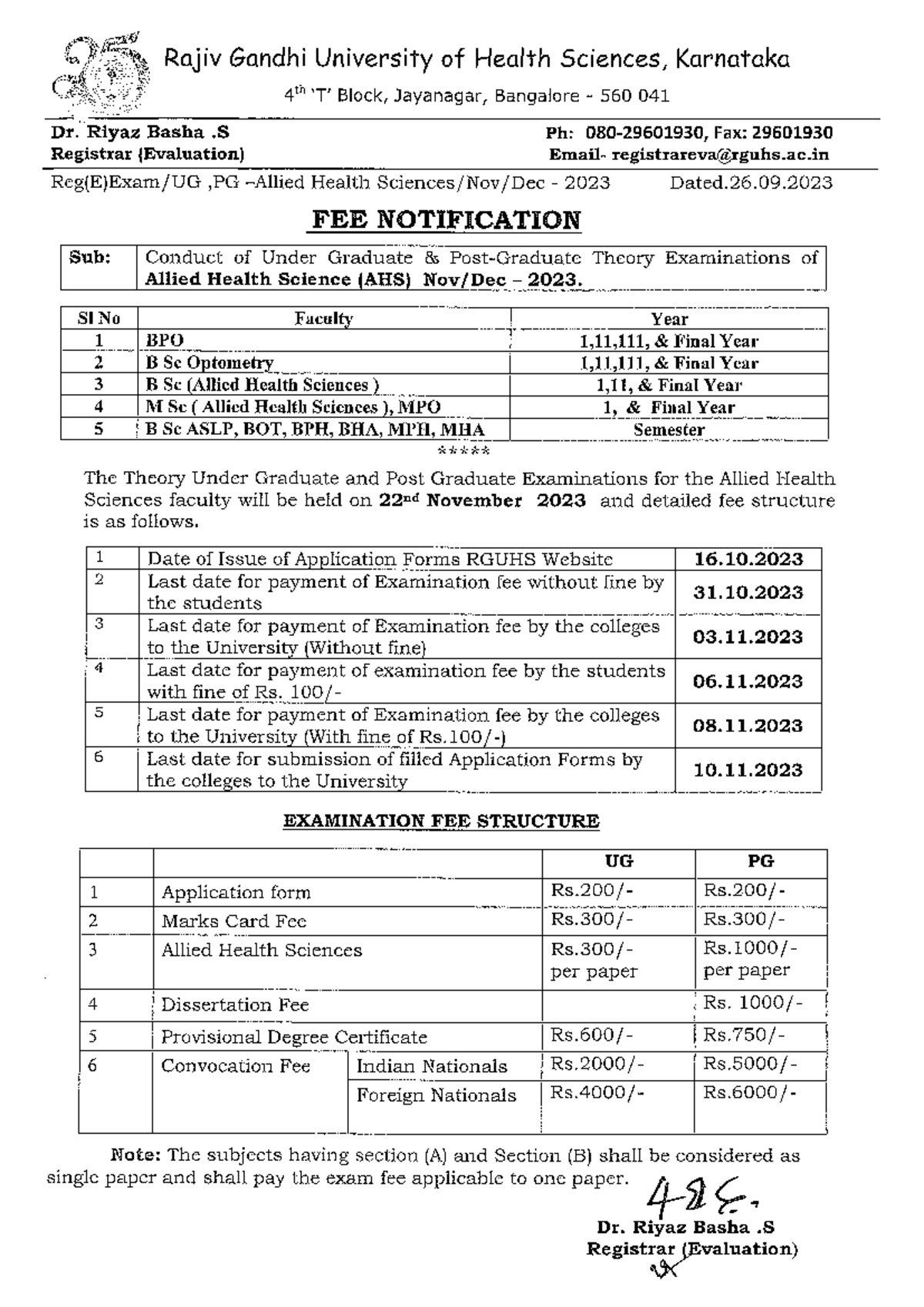Fee Notification Time Table for Conduct of UG PG Theory Examination of ...