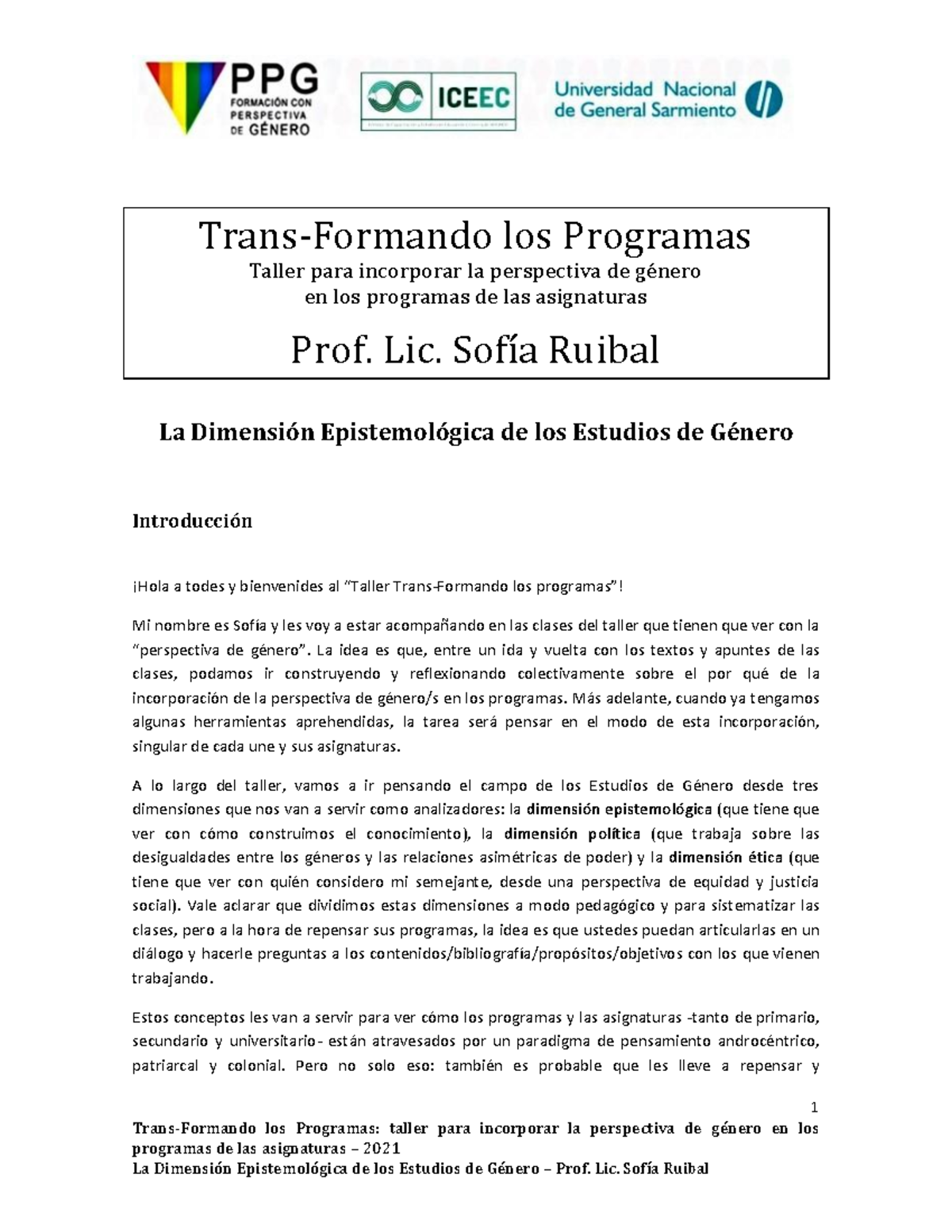Dimension Epistemológica (1) (1) - 1 Trans-Formando los Programas: taller para incorporar la ...