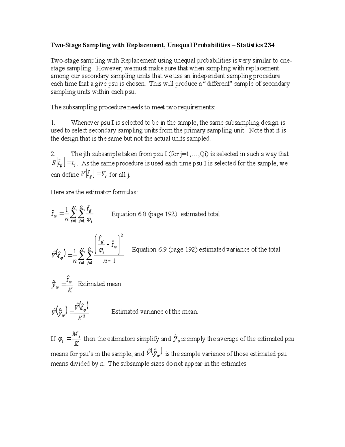 Twostageuneqwr - Cluster sampling - Two-Stage Sampling with Replacement ...