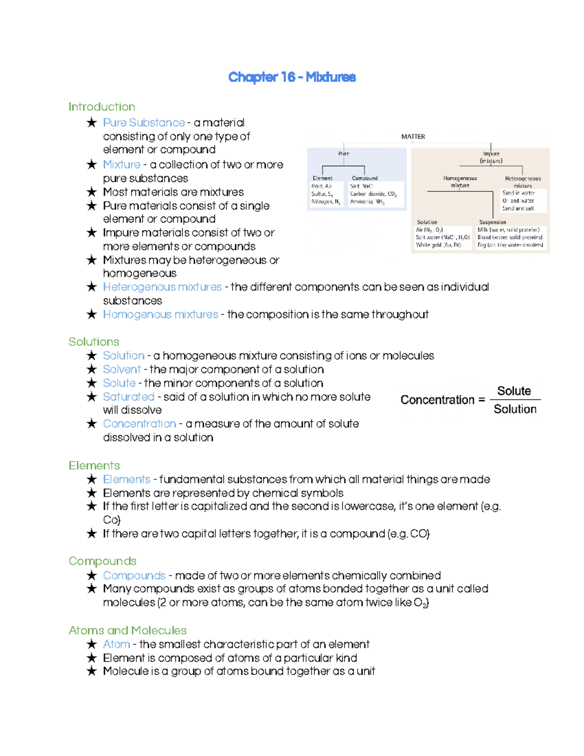 Mixtures Notes - Chem - Chapter 16 - Mixtures Introduction ★ Pure ...