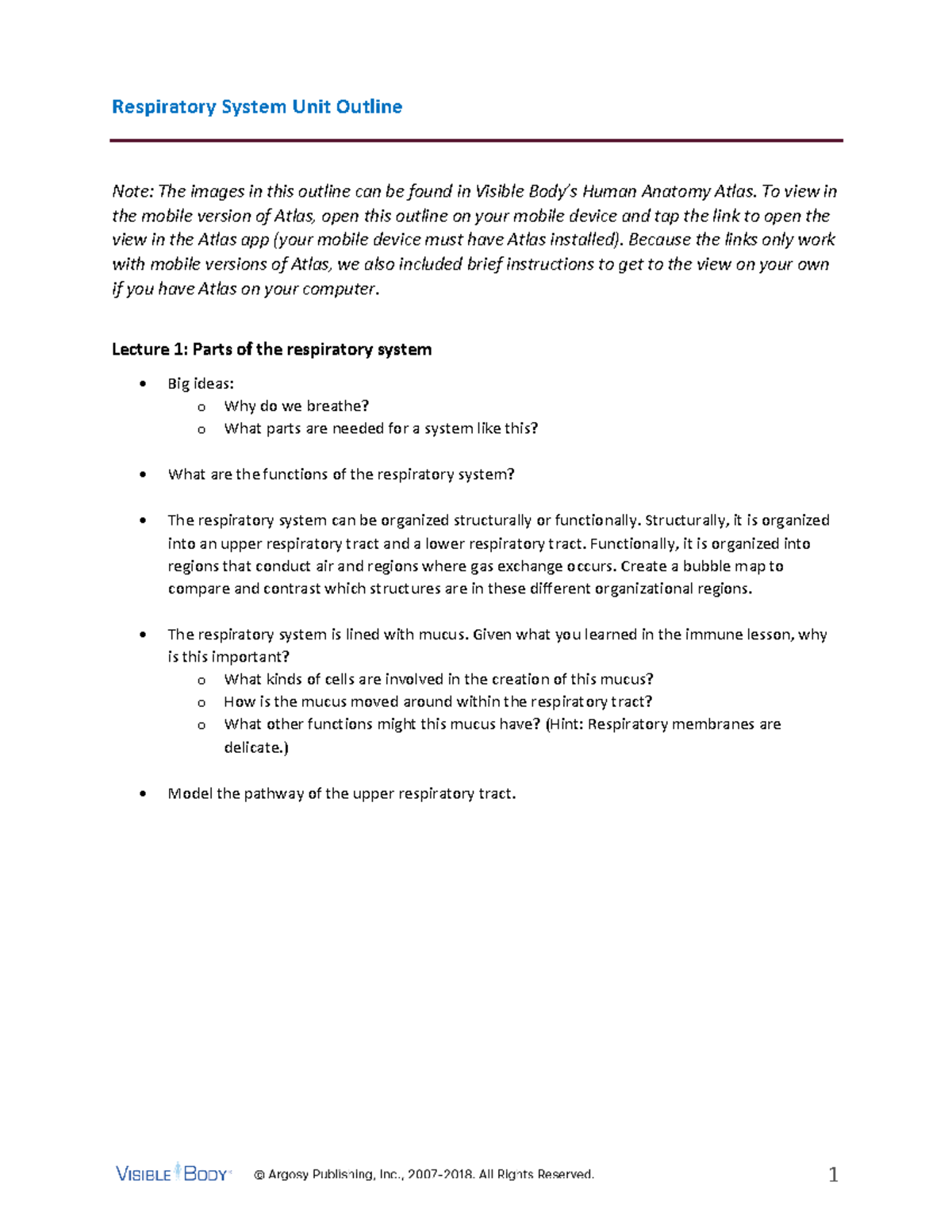 Respiratory System VB - Respiratory System Unit Outline Note: The ...