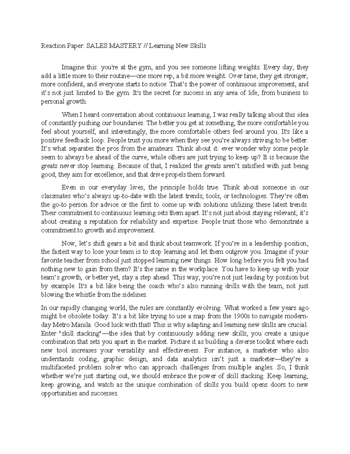 Reaction Paper Sales Mastery Learning New Skill - Reaction Paper: SALES ...