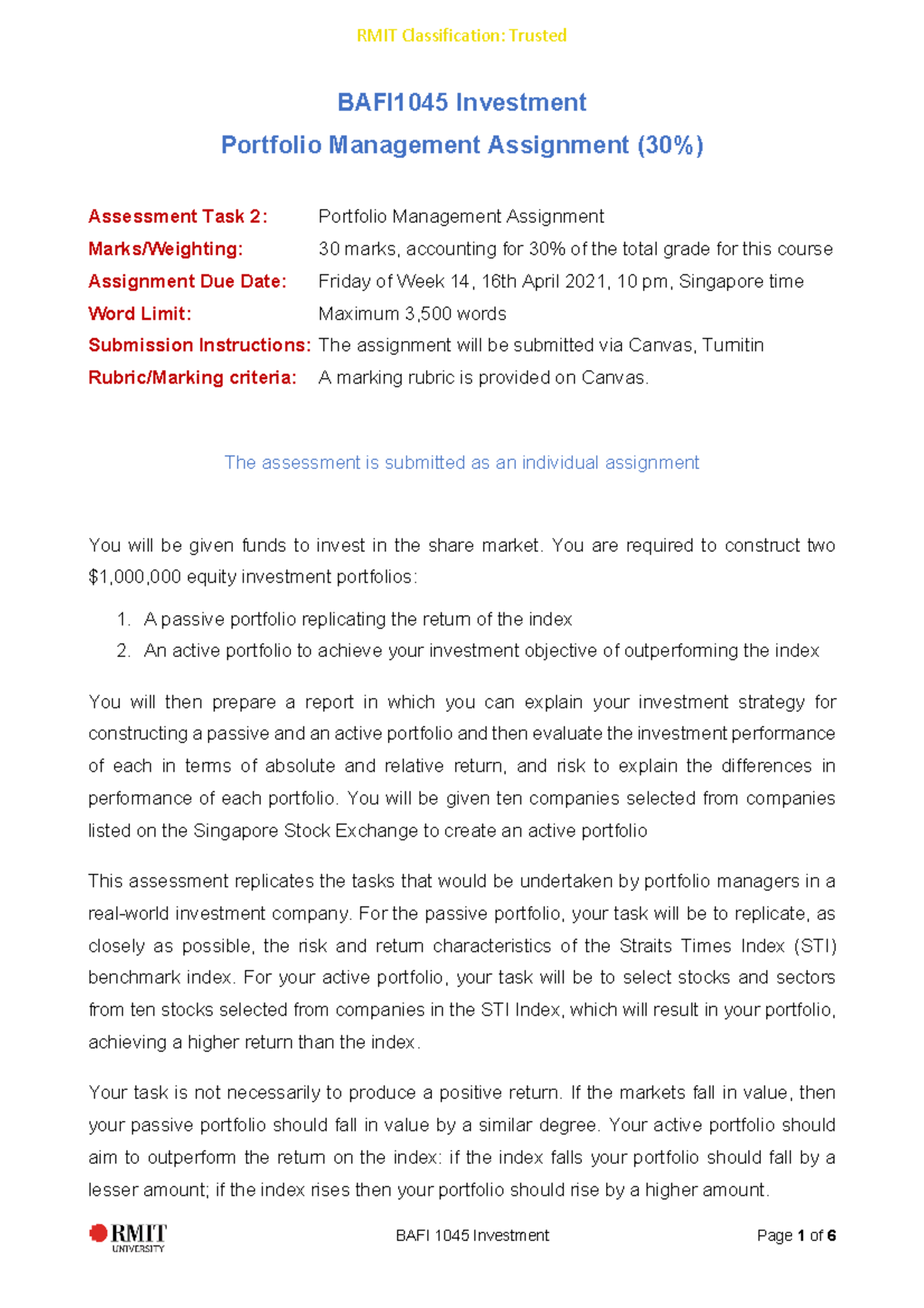 Portfolio Management Assignment - BAFI1045 Investment Portfolio ...