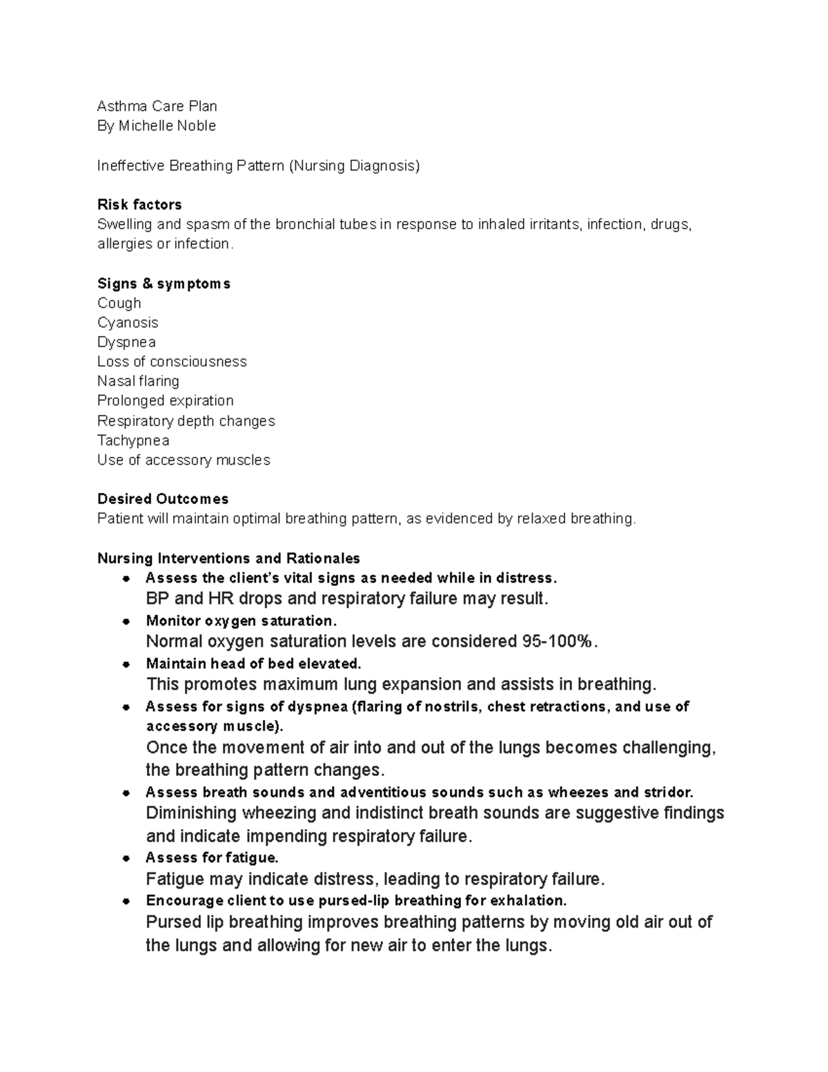 Asthma Care Plan - notes - Asthma Care Plan By Michelle Noble ...