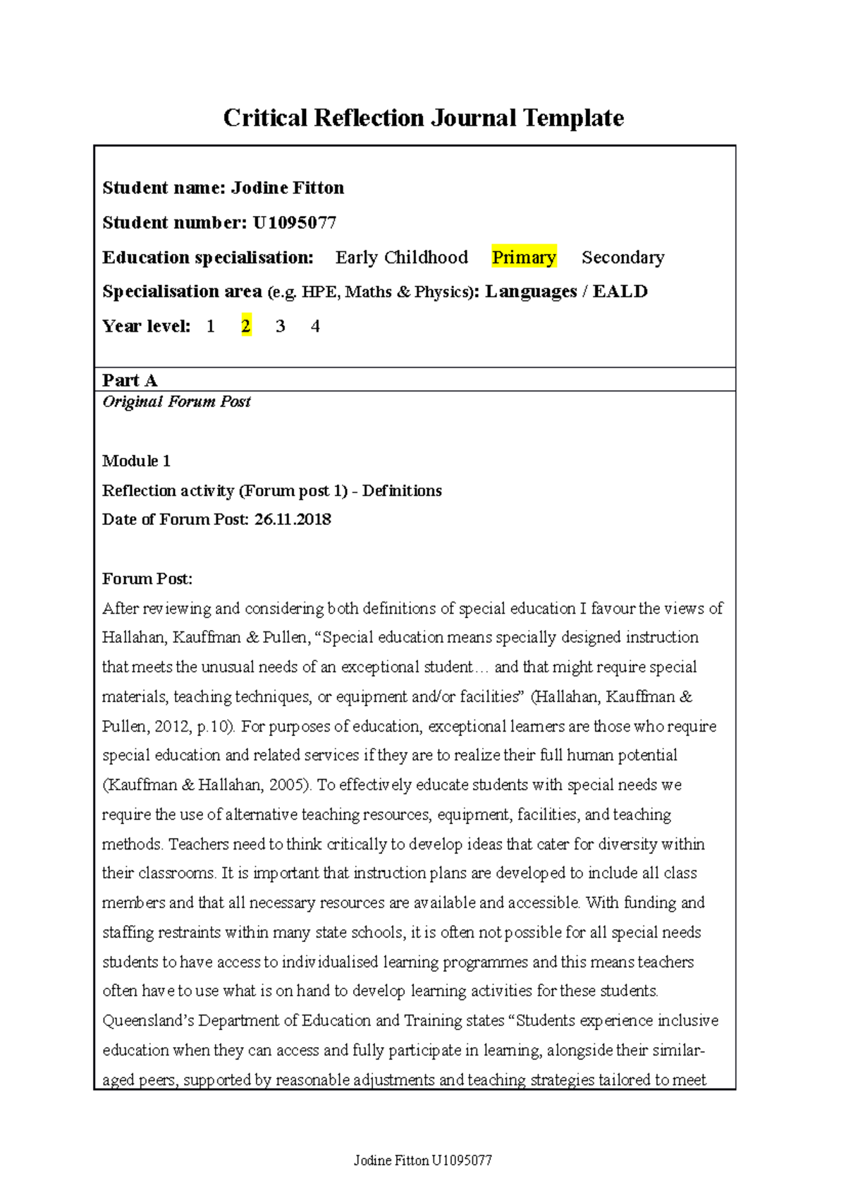 EDC2400 Assignment 1 Semester 3 2018-19 - Critical Reflection Journal ...